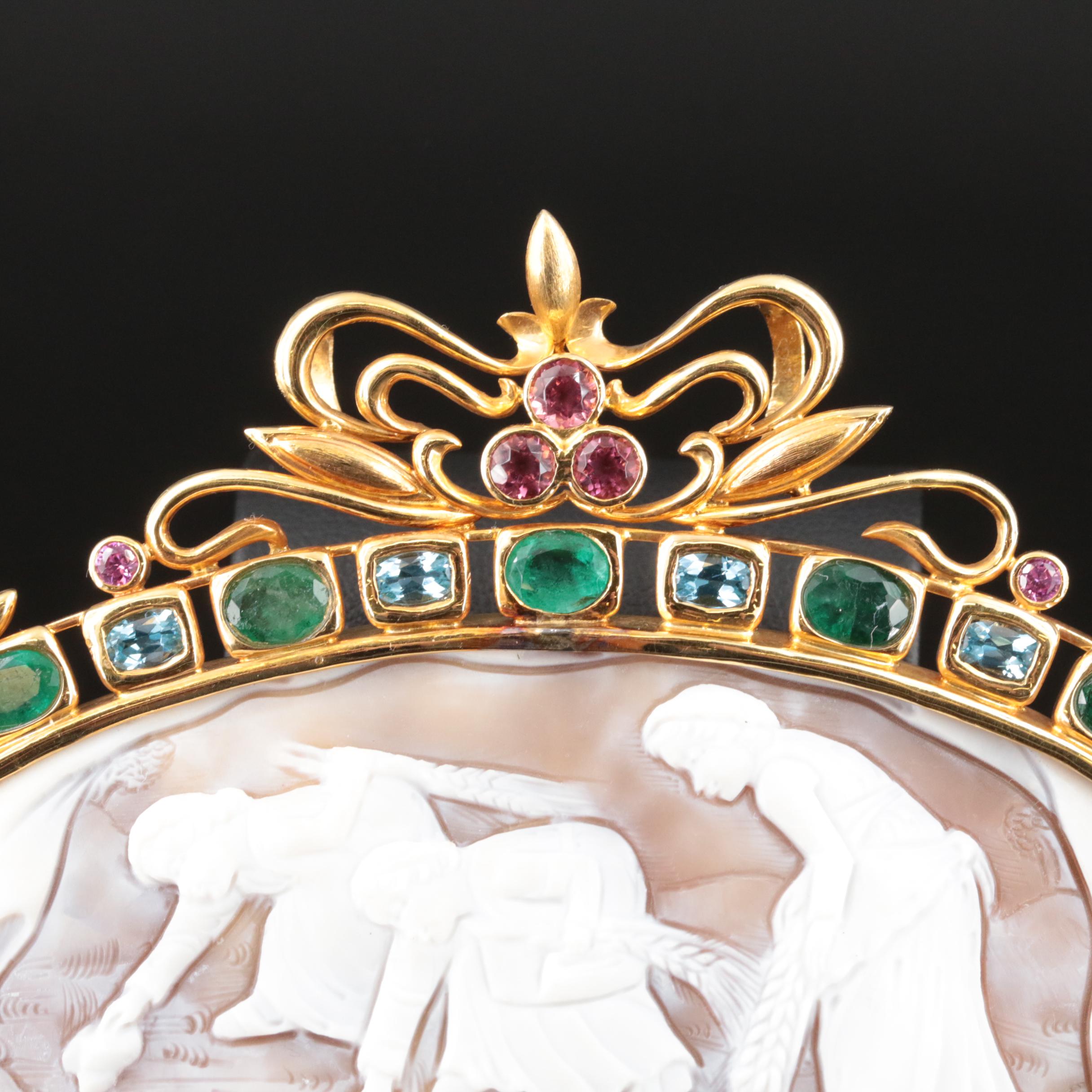 18K Large Scale Cameo Brooch with Gemstone Framing Featuring Harvest ...