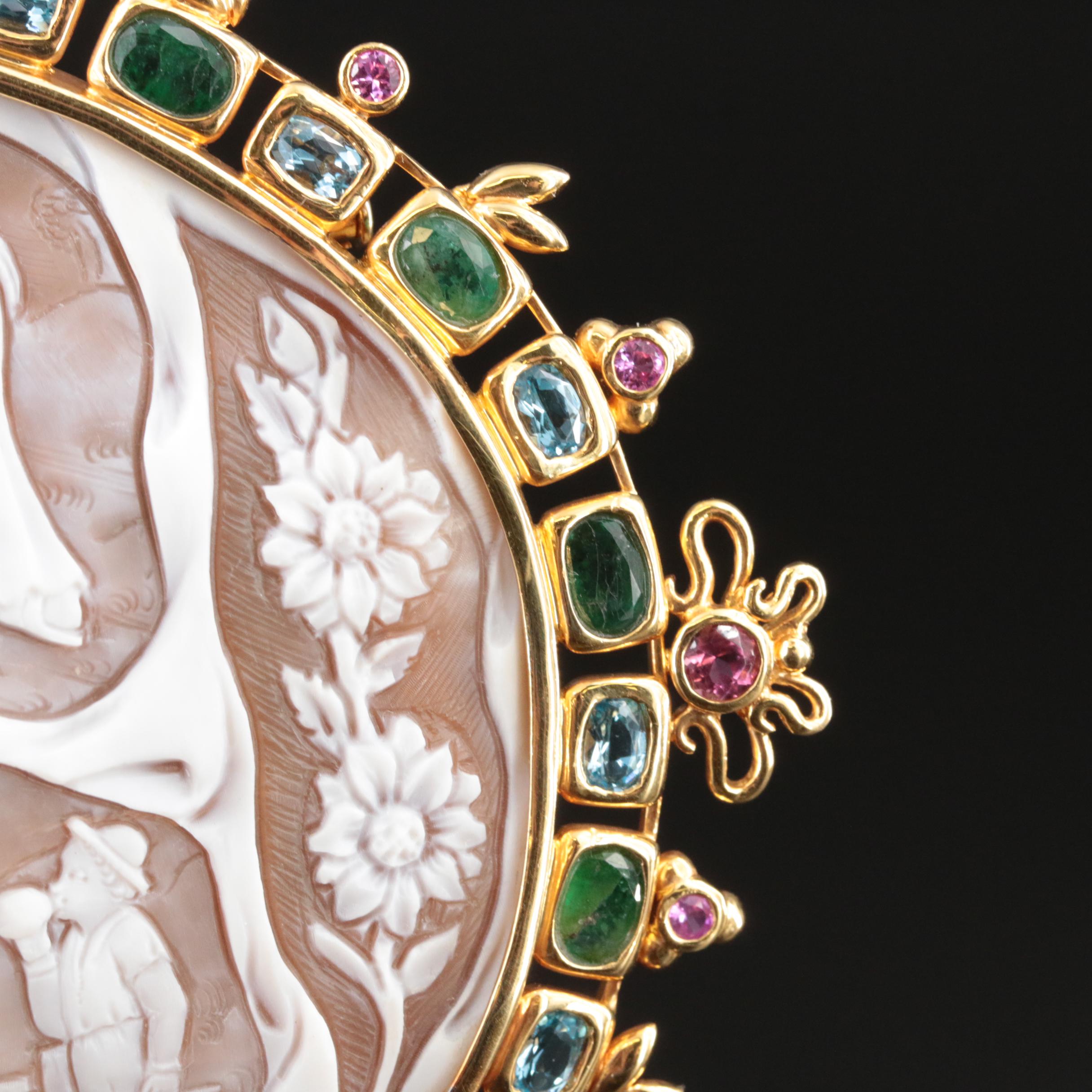 18K Large Scale Cameo Brooch with Gemstone Framing Featuring Harvest ...