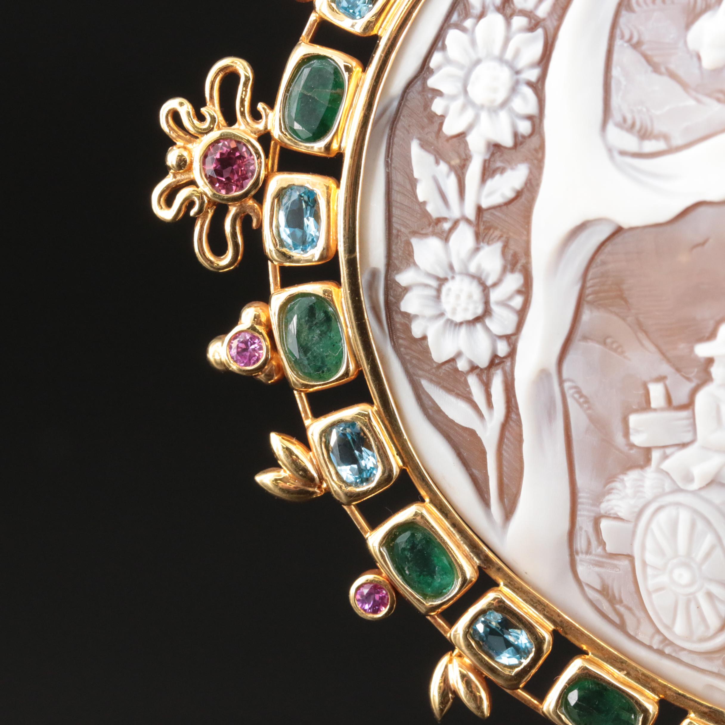 18K Large Scale Cameo Brooch with Gemstone Framing Featuring Harvest ...