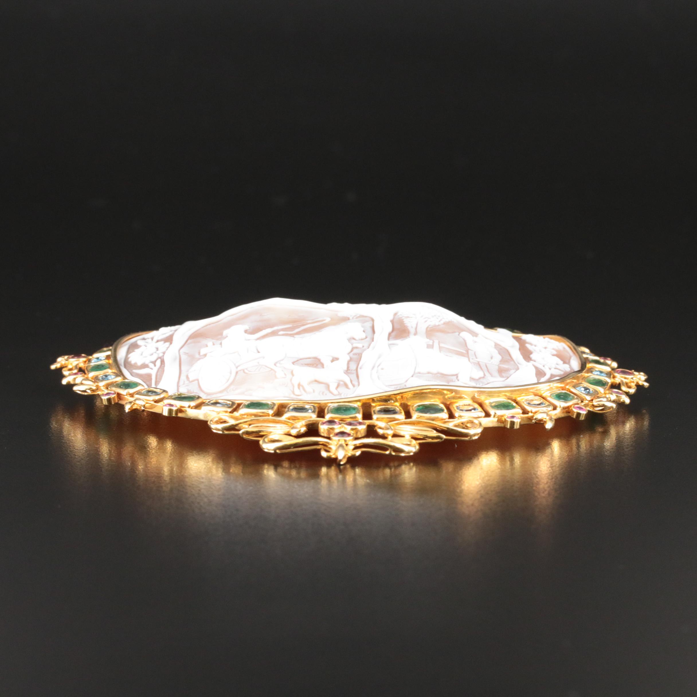 18K Large Scale Cameo Brooch with Gemstone Framing Featuring Harvest ...