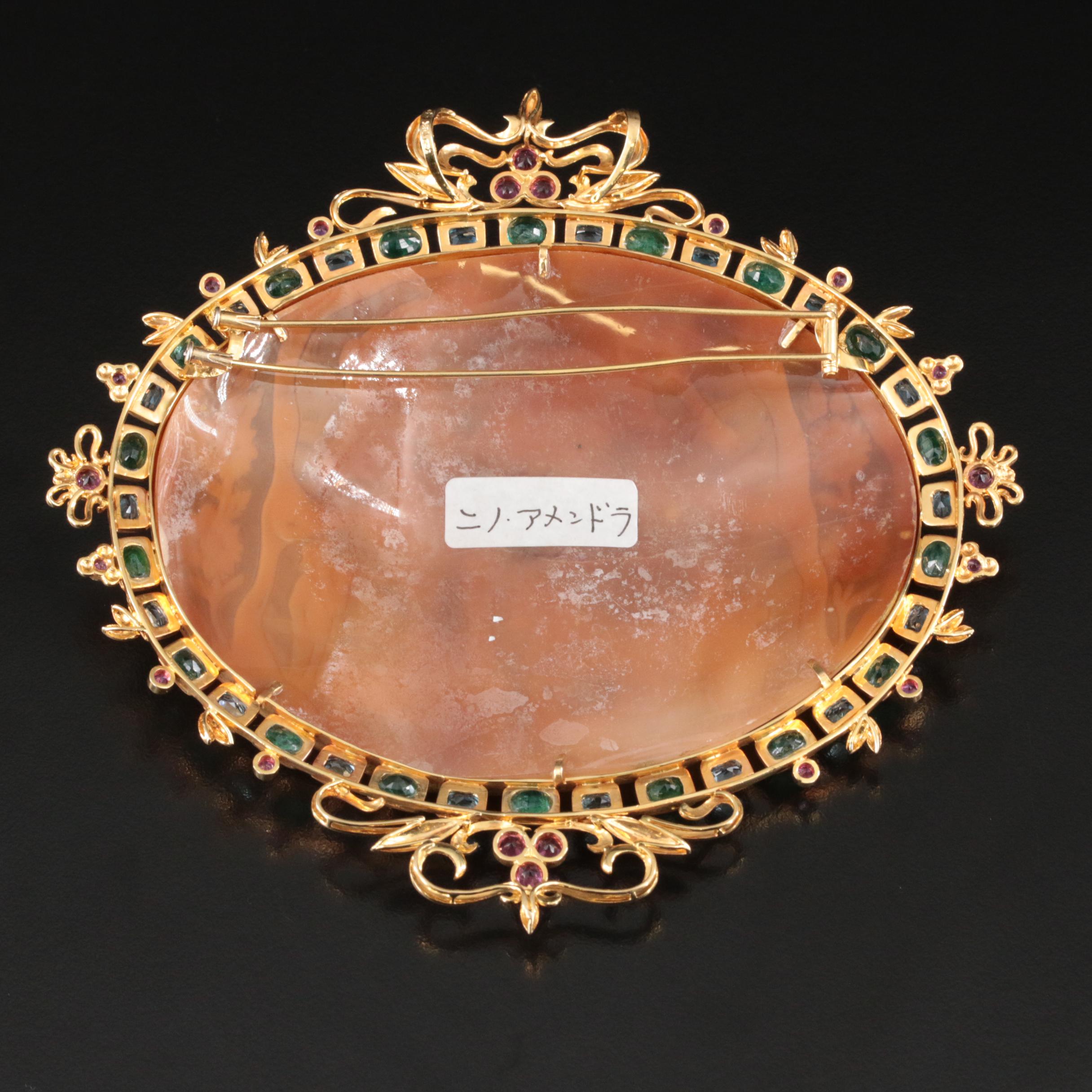 18K Large Scale Cameo Brooch with Gemstone Framing Featuring Harvest ...