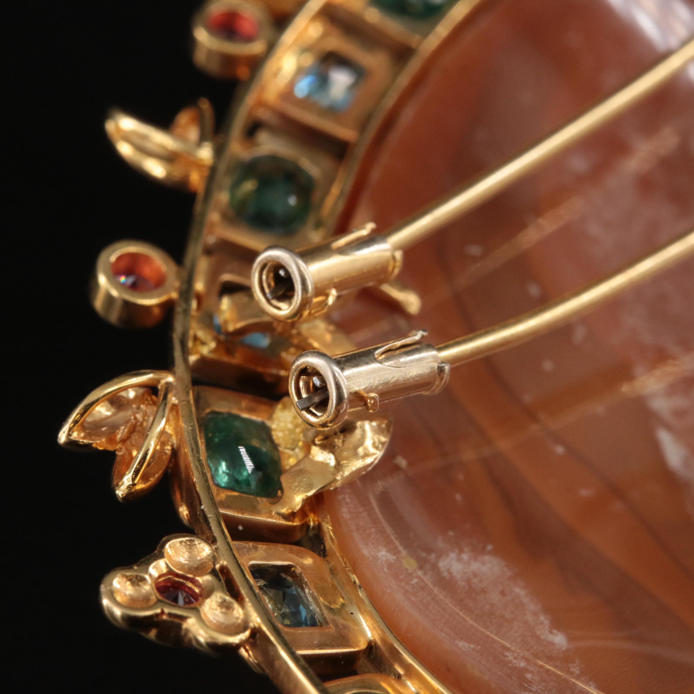 18K Large Scale Cameo Brooch with Gemstone Framing Featuring Harvest ...