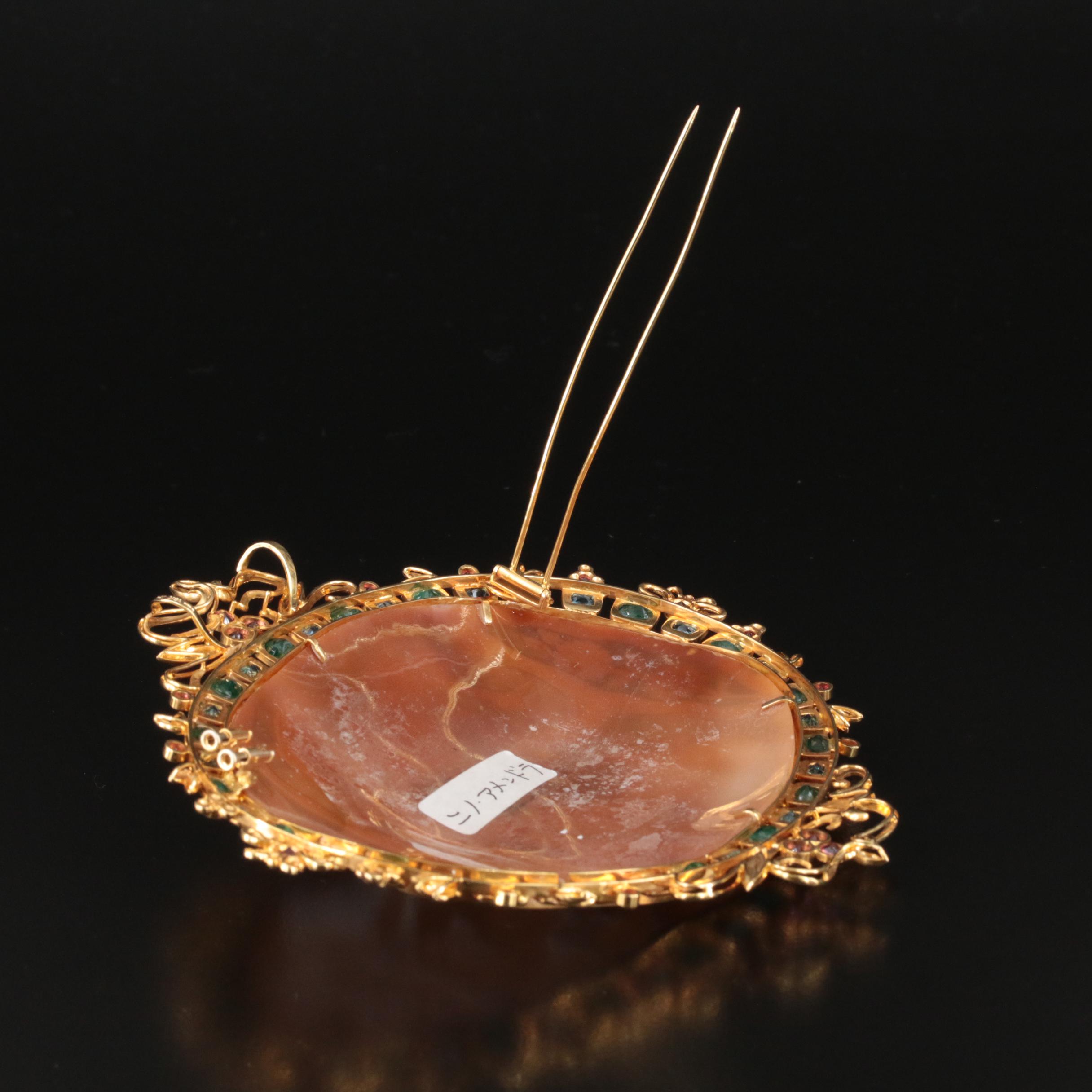 18K Large Scale Cameo Brooch with Gemstone Framing Featuring Harvest ...