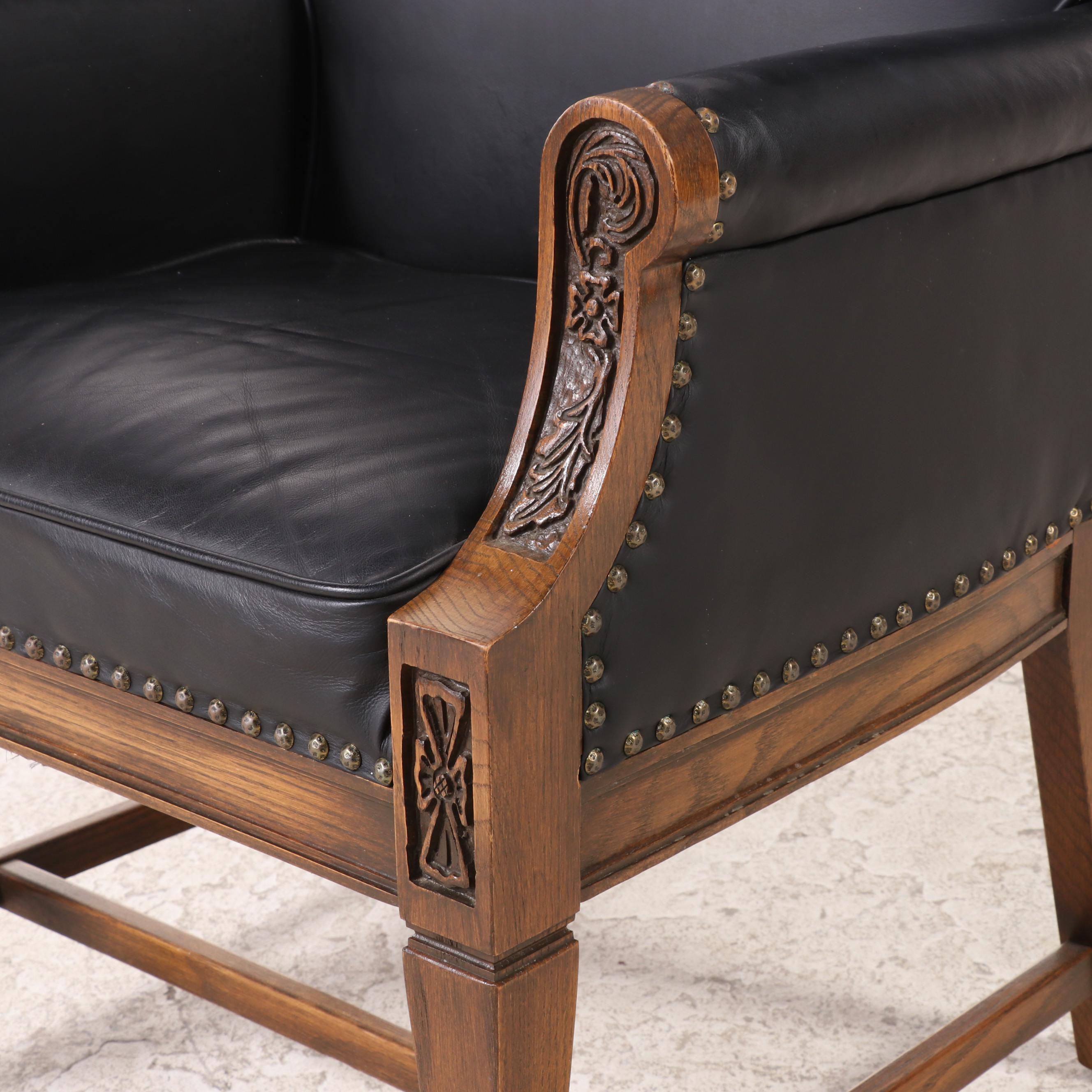 Romweber Carved Oak and Black Leather Armchair with Nailhead Trim, 20th ...