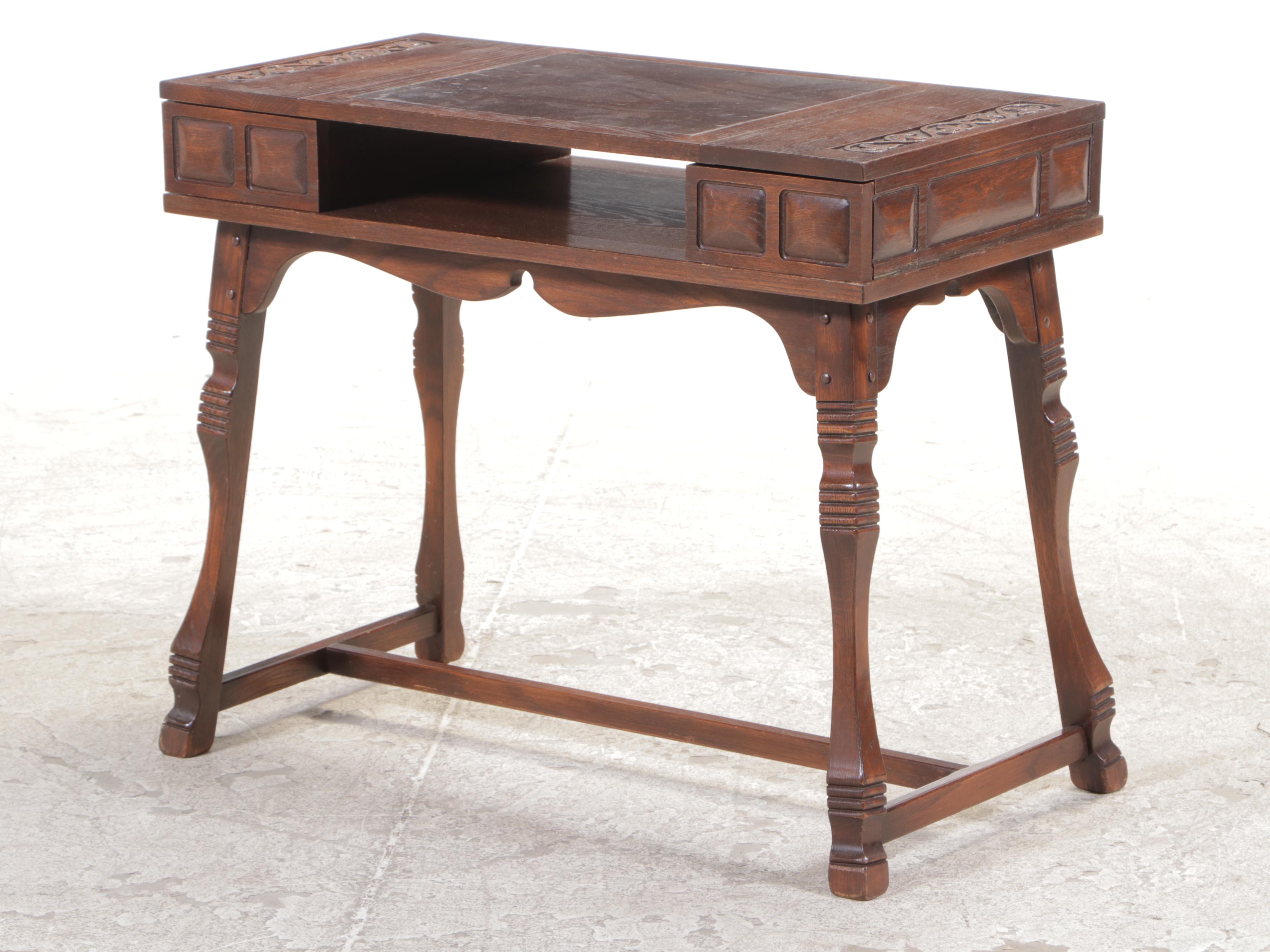 Romweber Carved Oak Writing Table and Side Chair, 20th Century | EBTH