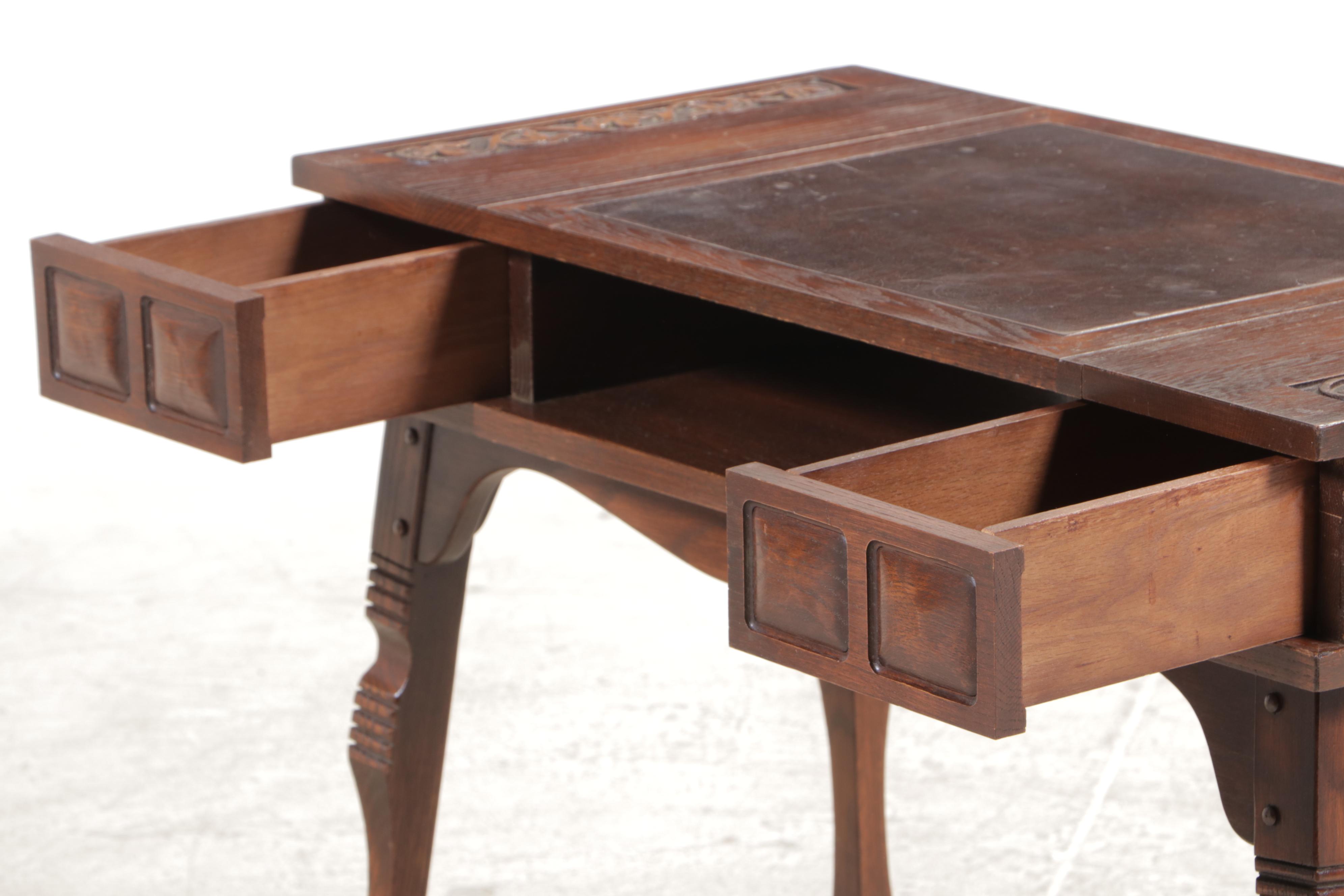 Romweber Carved Oak Writing Table and Side Chair, 20th Century | EBTH