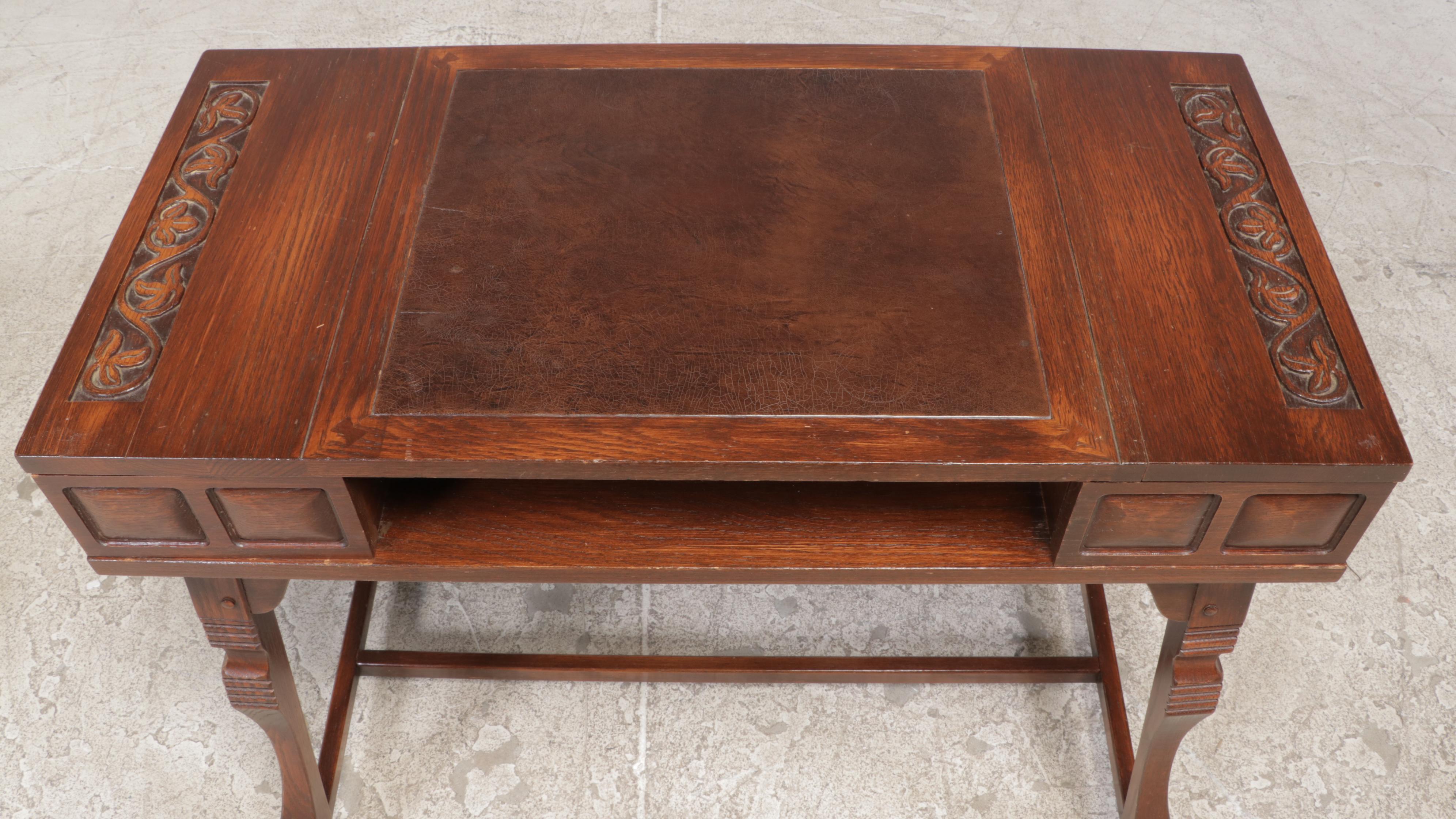 Romweber Carved Oak Writing Table and Side Chair, 20th Century | EBTH