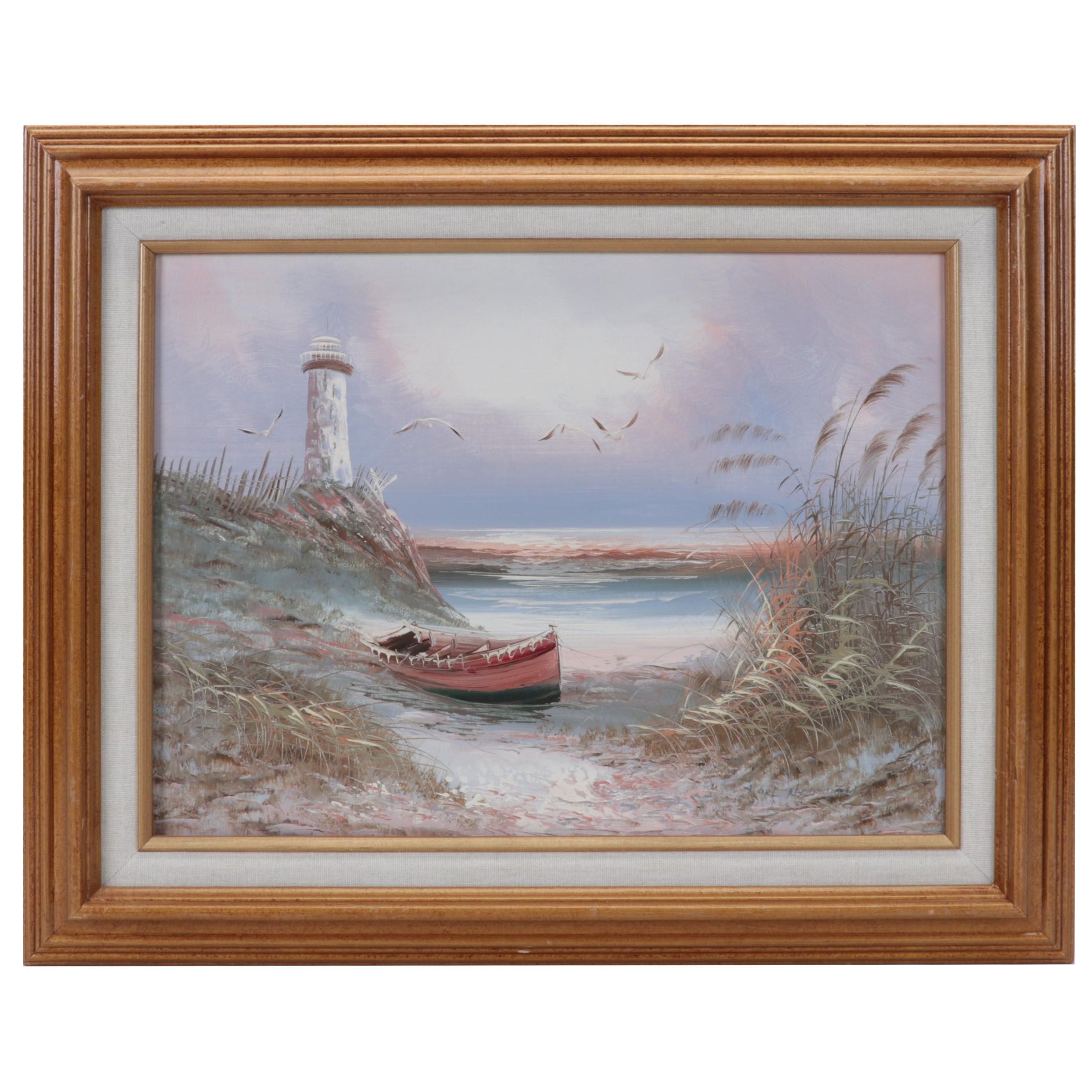 Karl Neumann Seascape Oil Painting Beached Boat and Lighthouse | EBTH