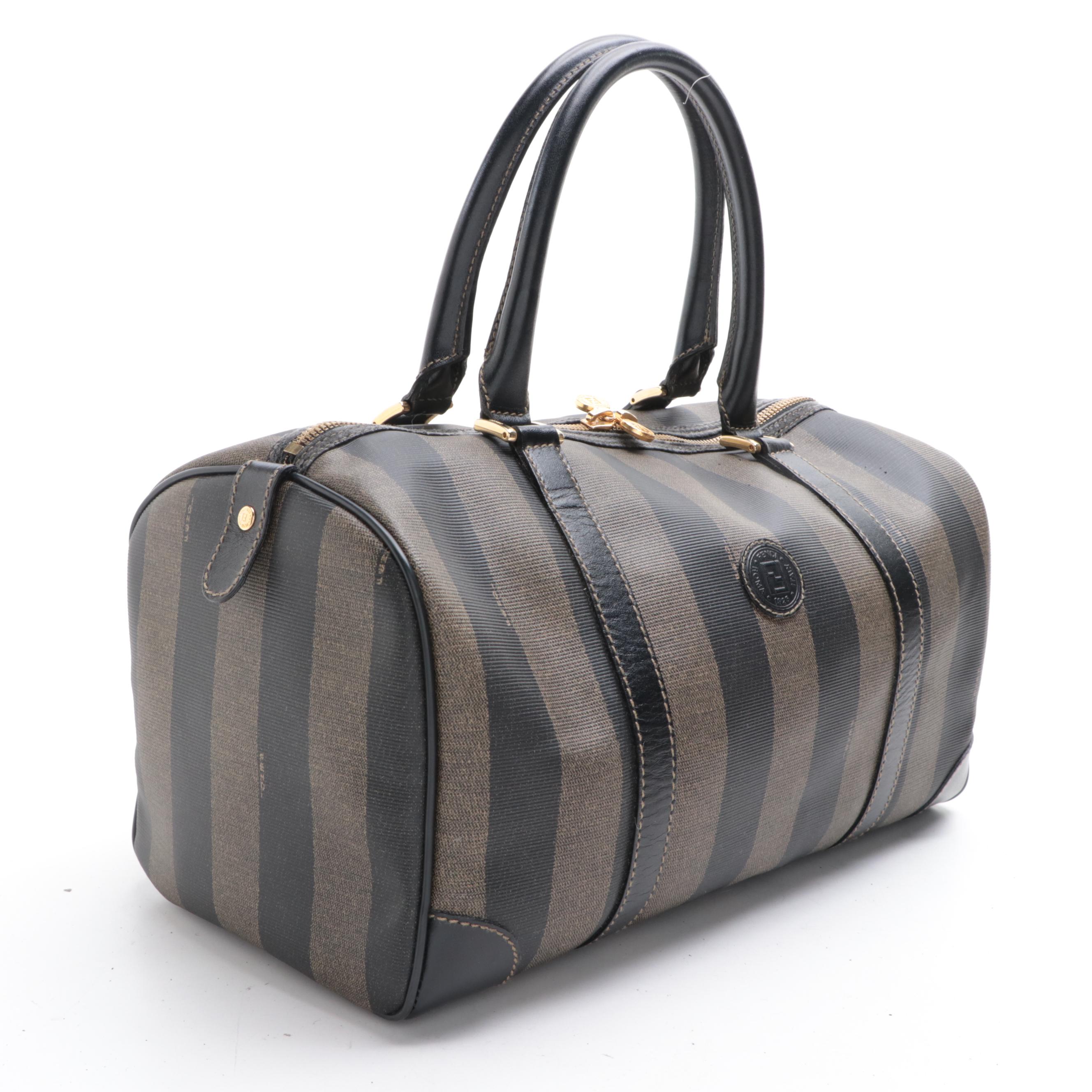 Fendi Boston Bag in Pequin Stripe Coated Canvas and Black Leather | EBTH