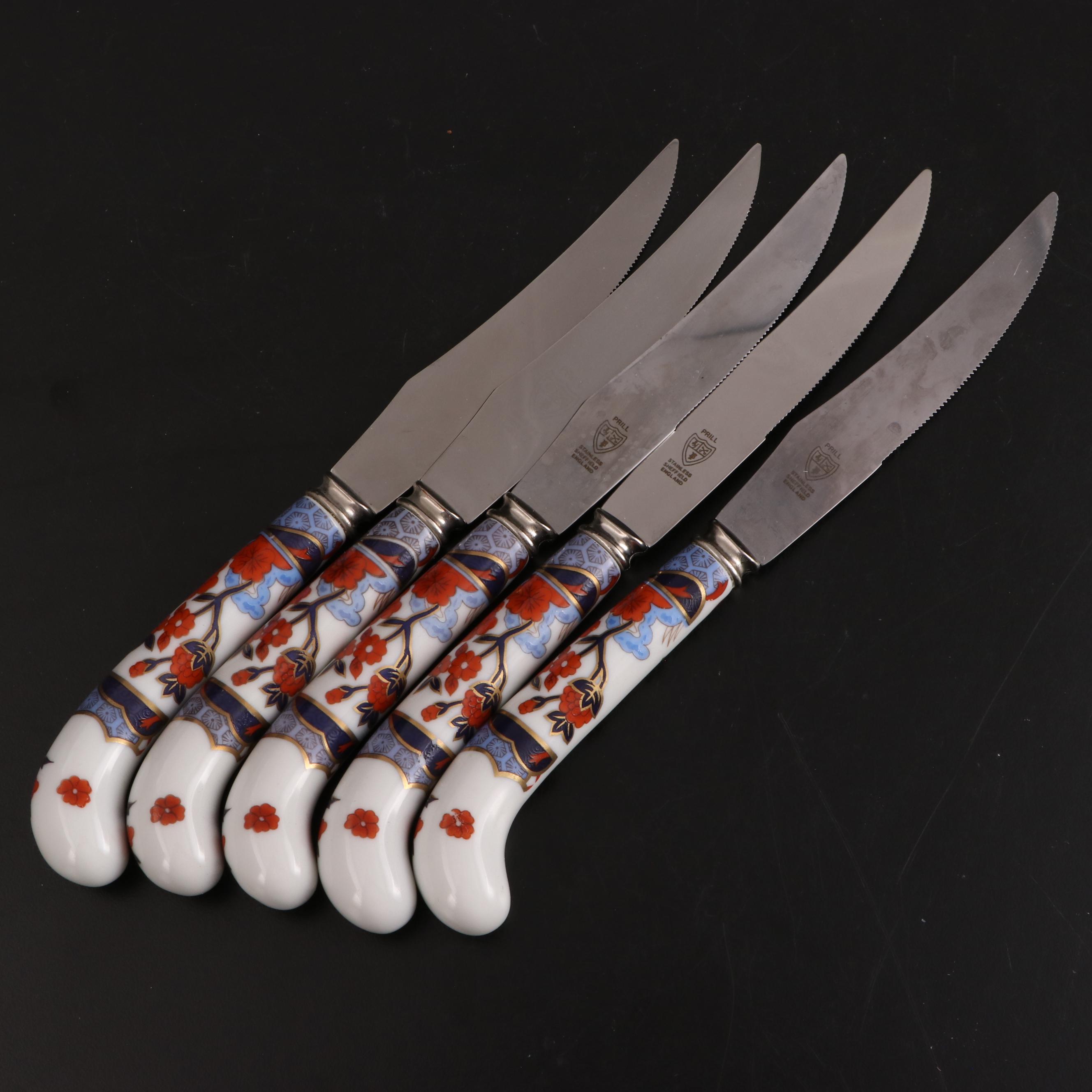 Prill English Stainless Steel Imari Porcelain Pistol Handled Steak ...