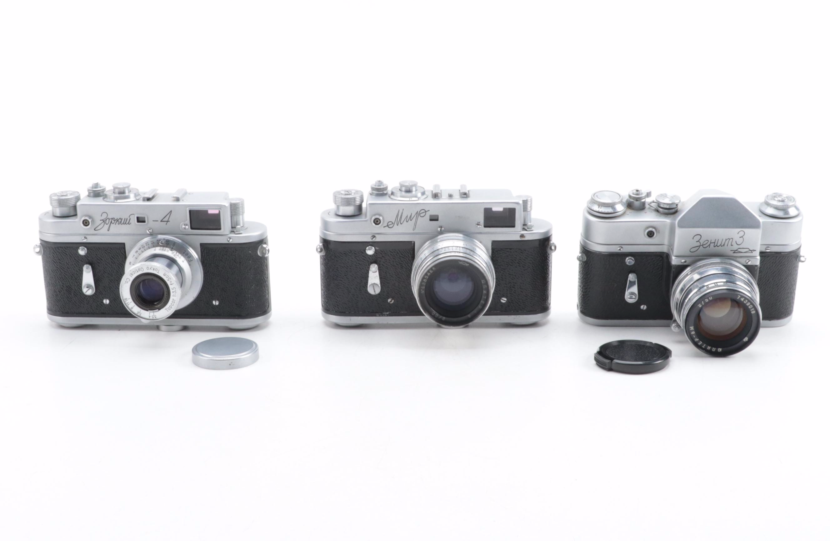 Soviet Union Zorki, Zenit and Mir 35 mm Rangefinder Cameras, Mid-20th ...