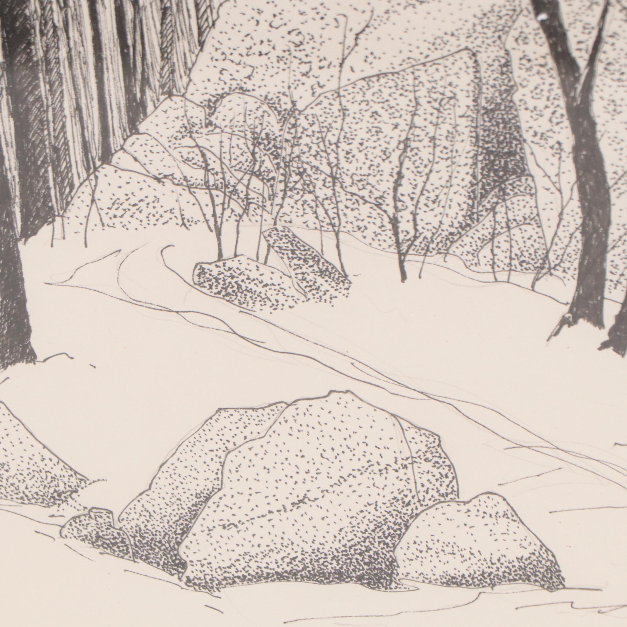 Phyllis Rash Hughes Ink Drawing of Winter Forest Landscape | EBTH