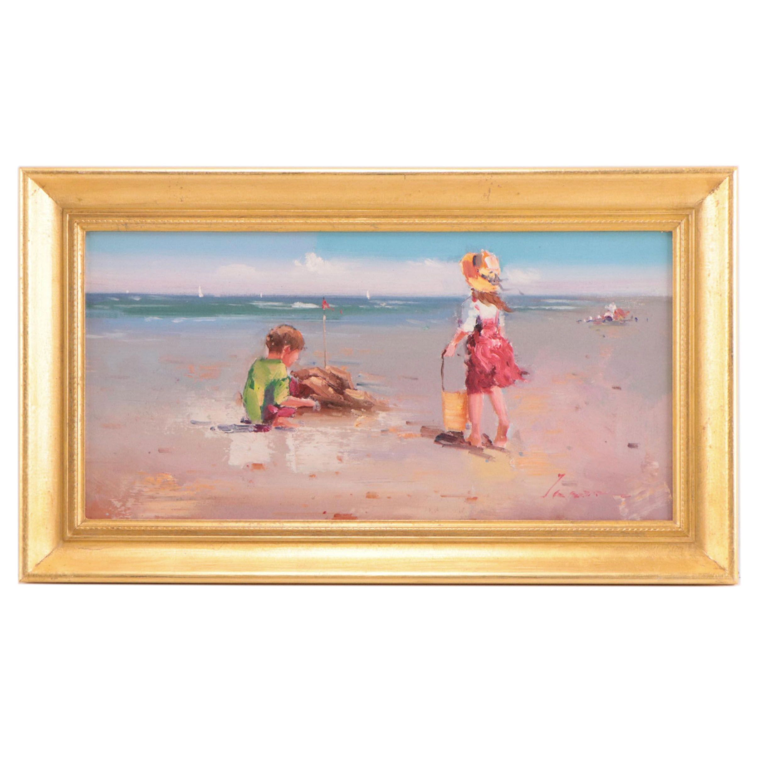 Beachscape Oil Painting of Children Playing, 21st Century | EBTH