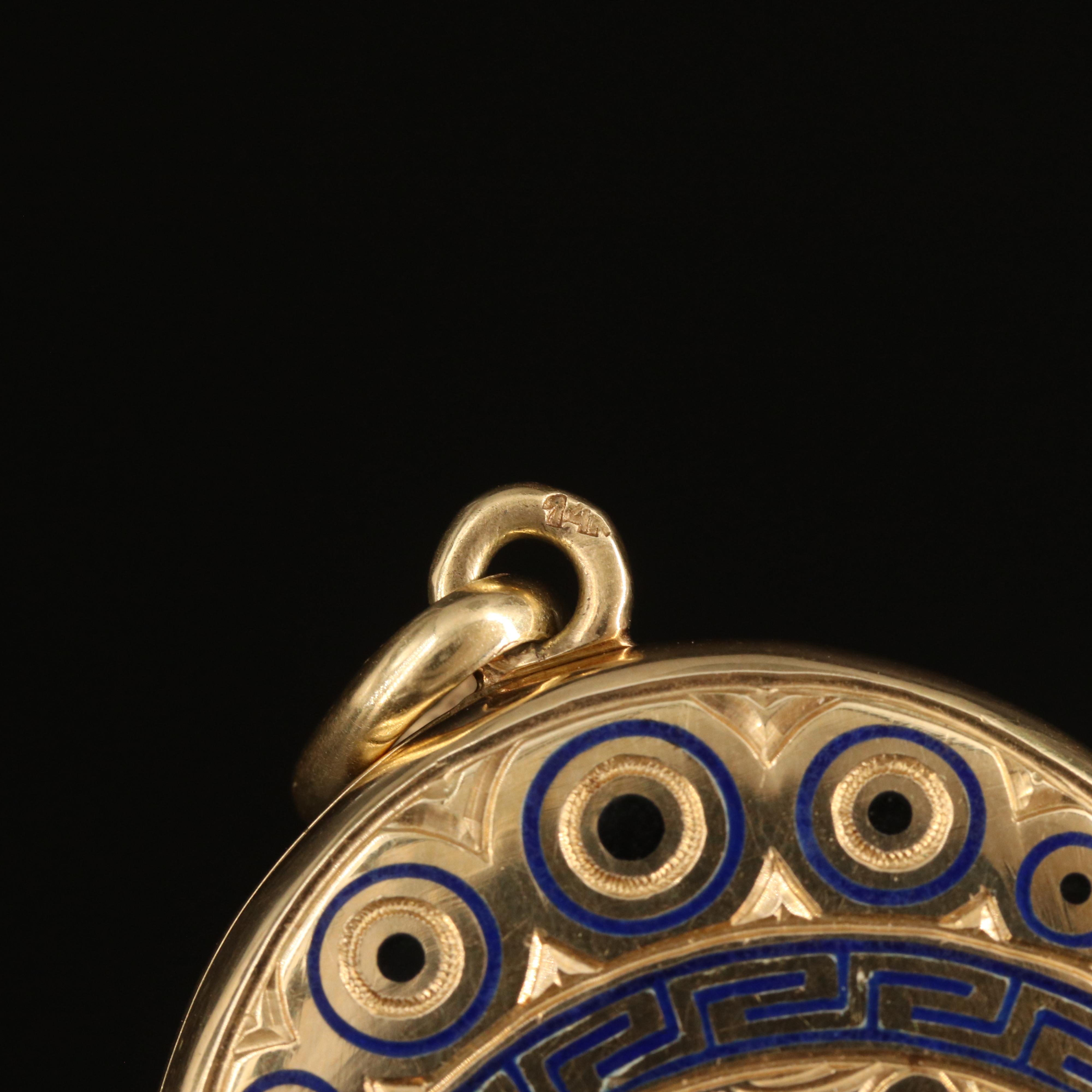 Vintage 14K Floral and Greek Key Champlevé Enamel Locket Pendant | EBTH