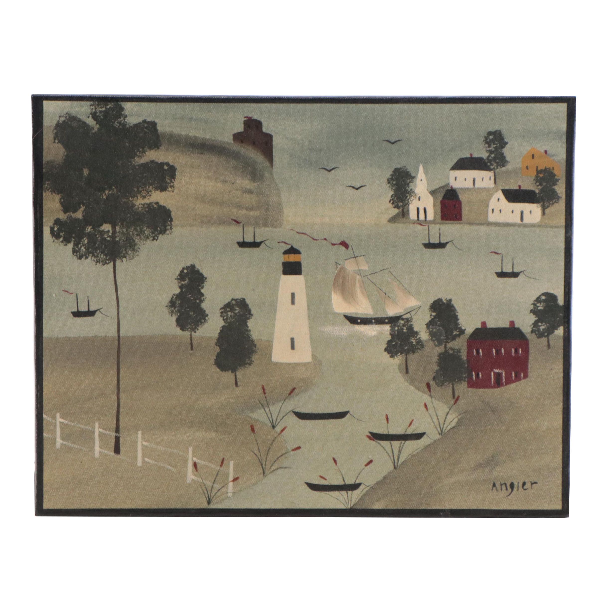 Hope Angier Folk Art Coastal Oil Painting | EBTH