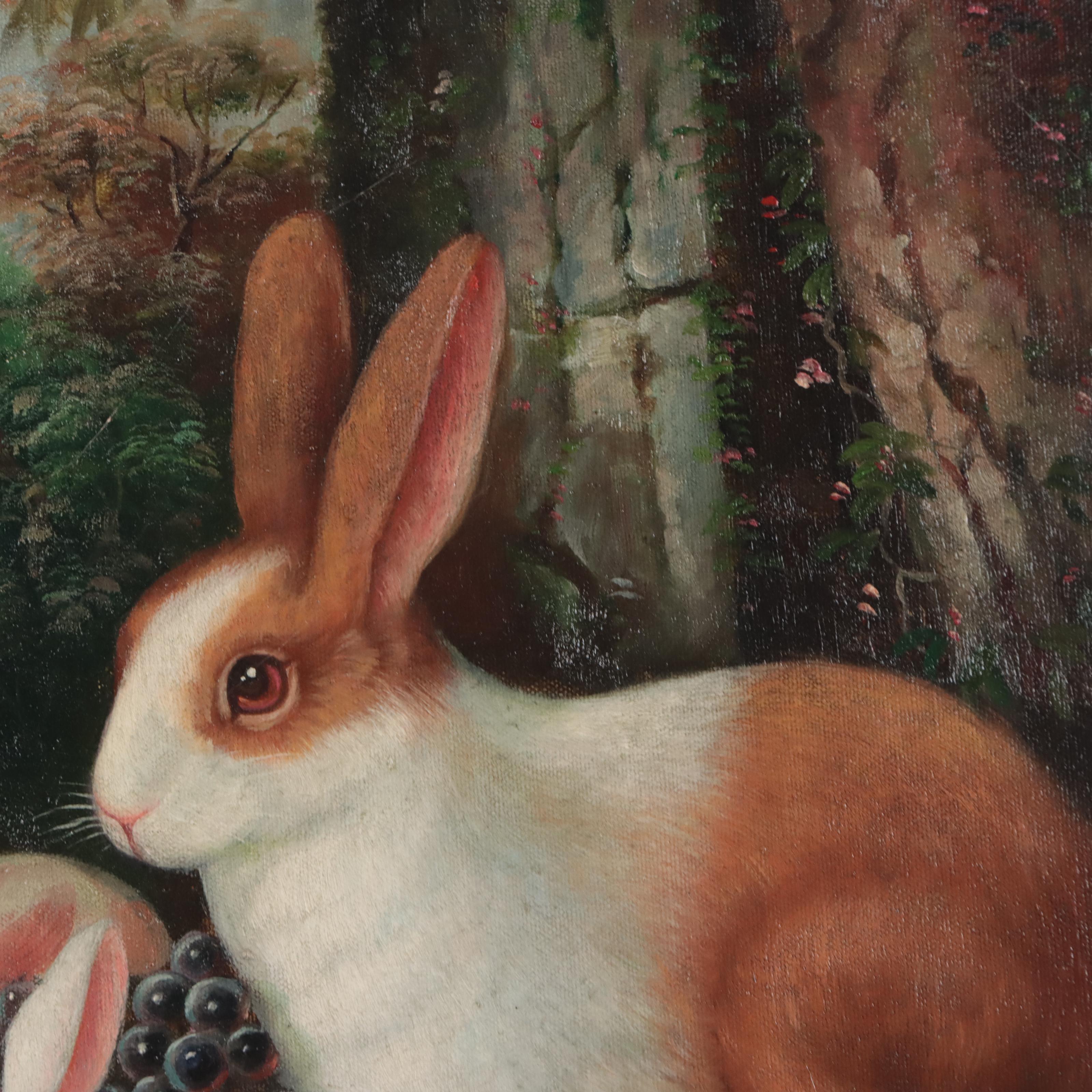 Folk Art Rabbit Scene Oil Painting | EBTH