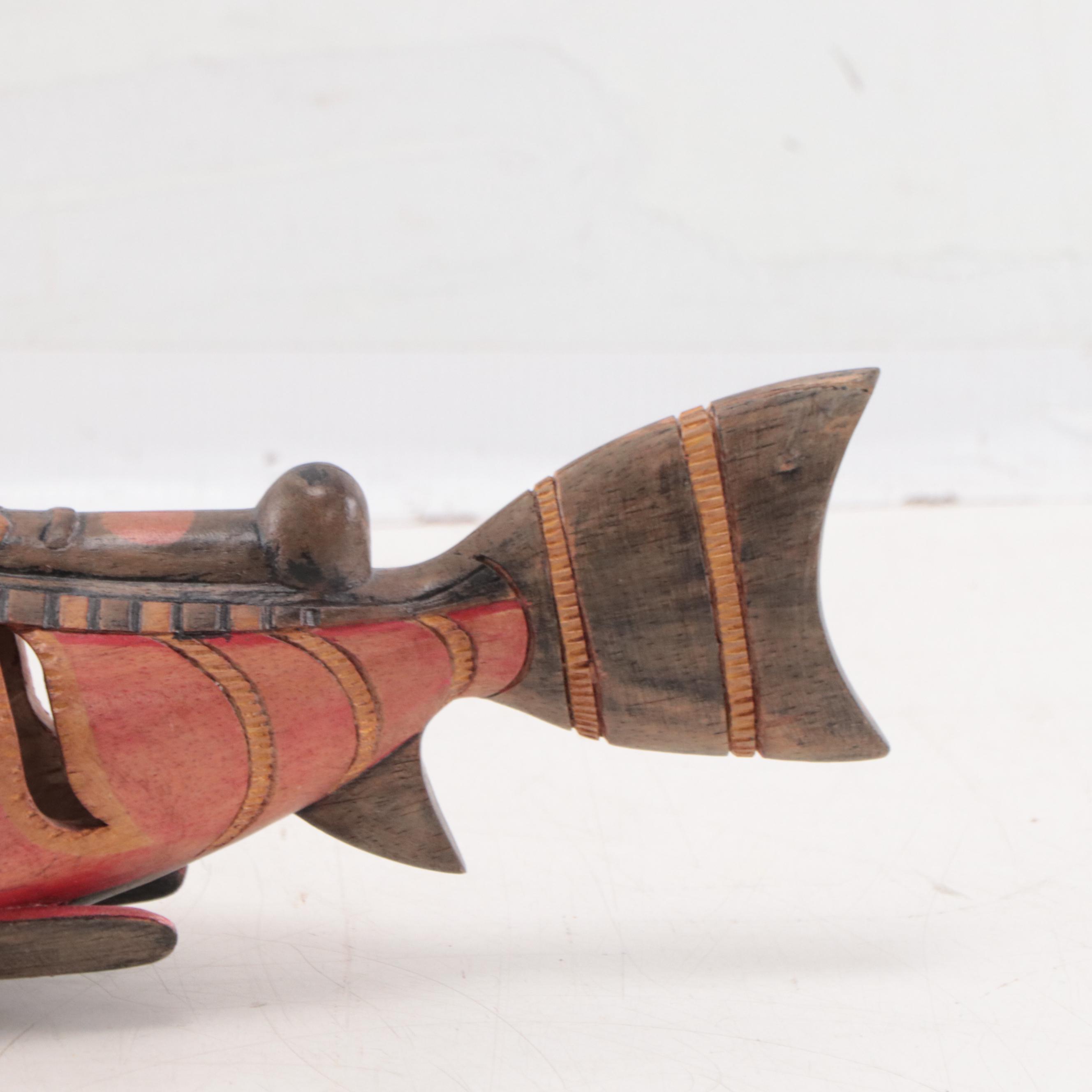 Pacific Northwest Native American Style Carved Wood Rattle of Fish | EBTH