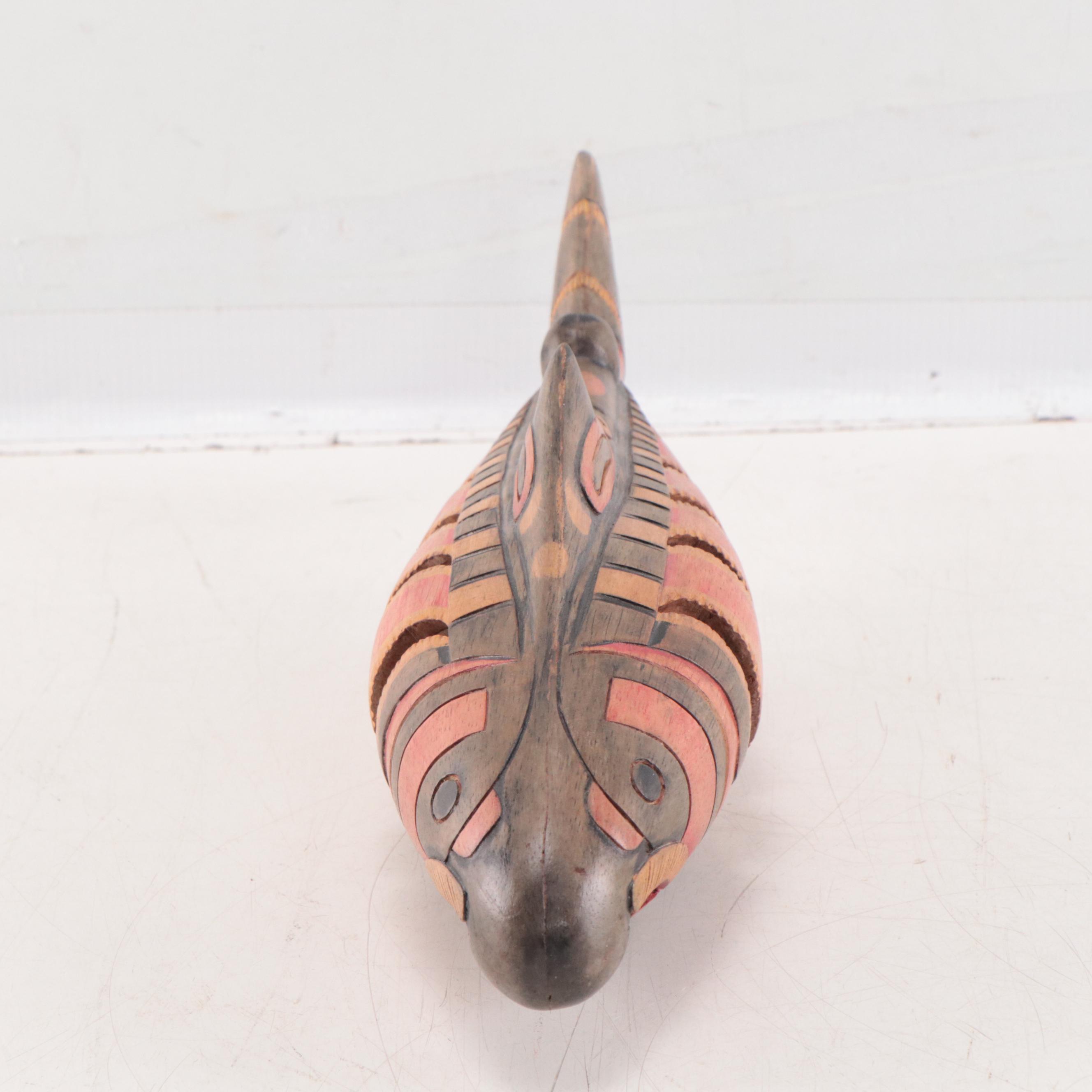 Pacific Northwest Native American Style Carved Wood Rattle of Fish | EBTH