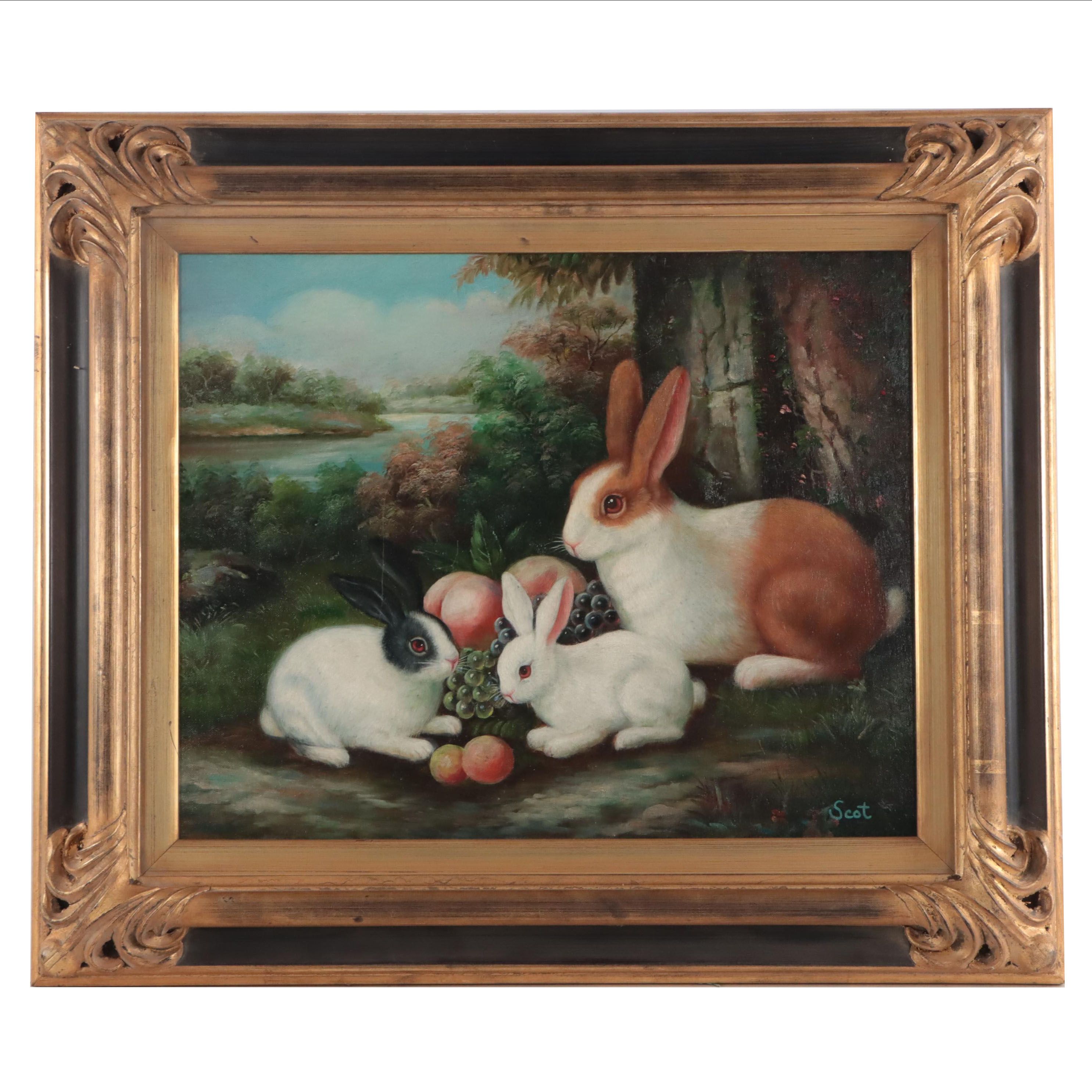 Folk Art Rabbit Scene Oil Painting | EBTH