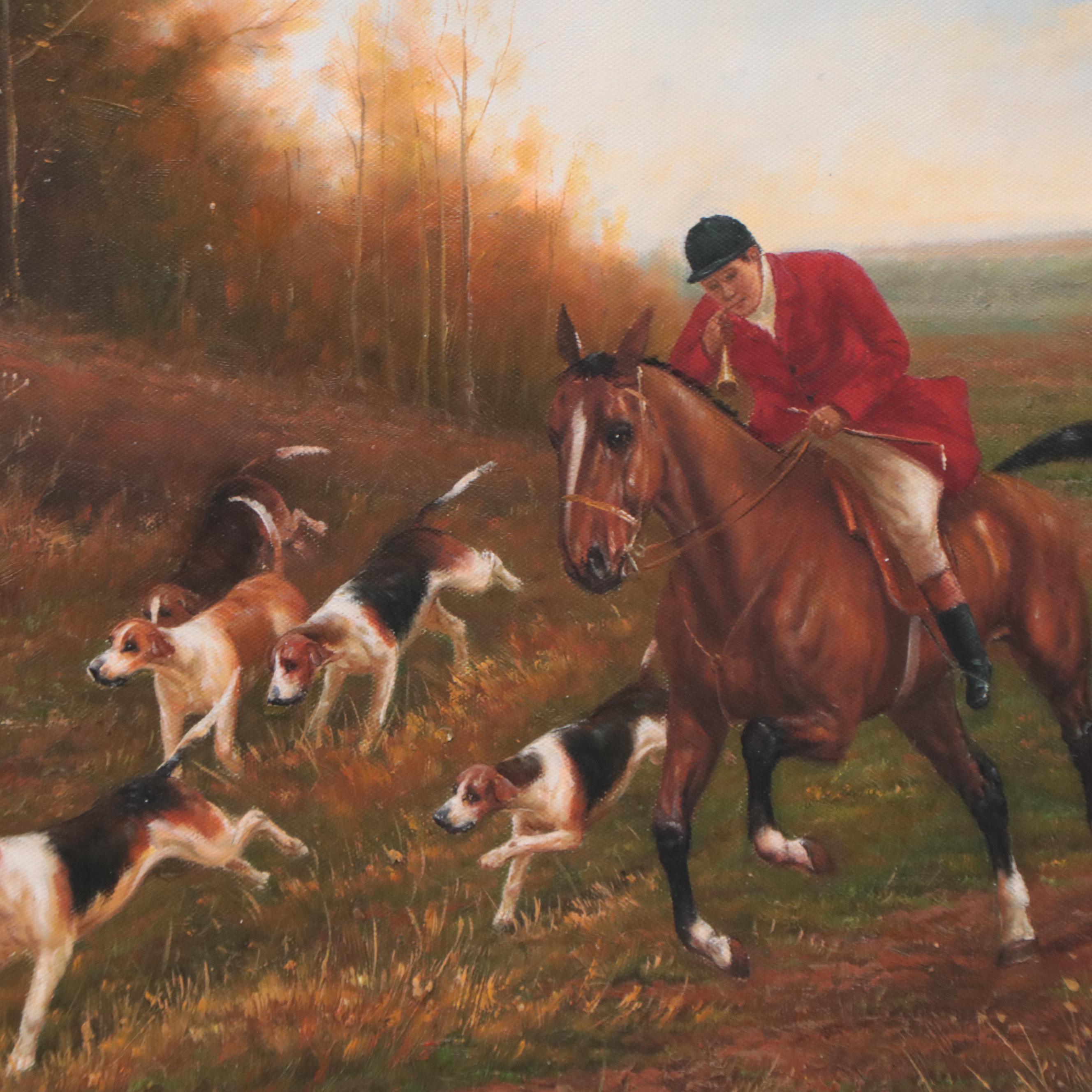 Oil Painting of a Fox Hunting Scene | EBTH