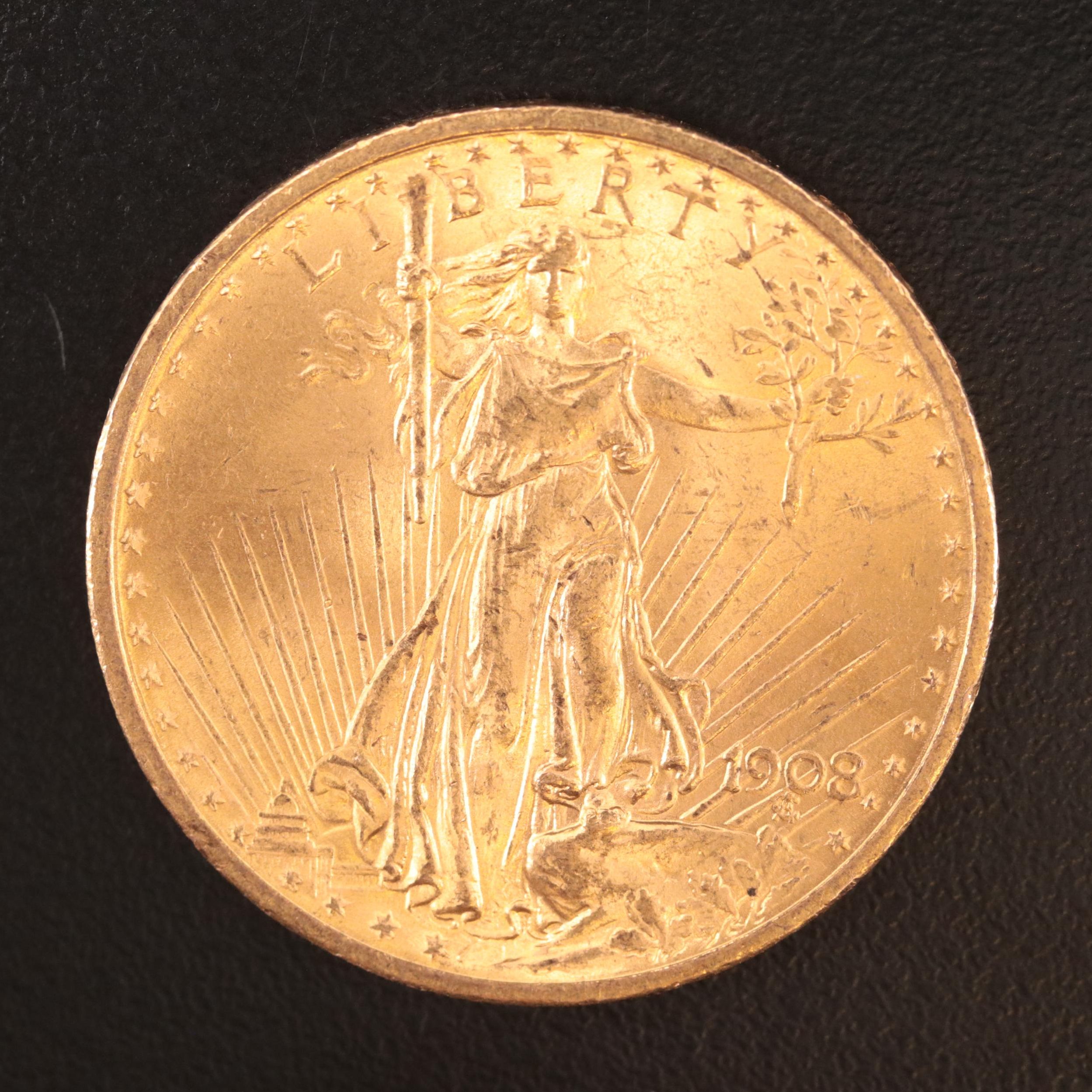 1908 "No Motto" Saint Gaudens $20 Gold Coin | EBTH