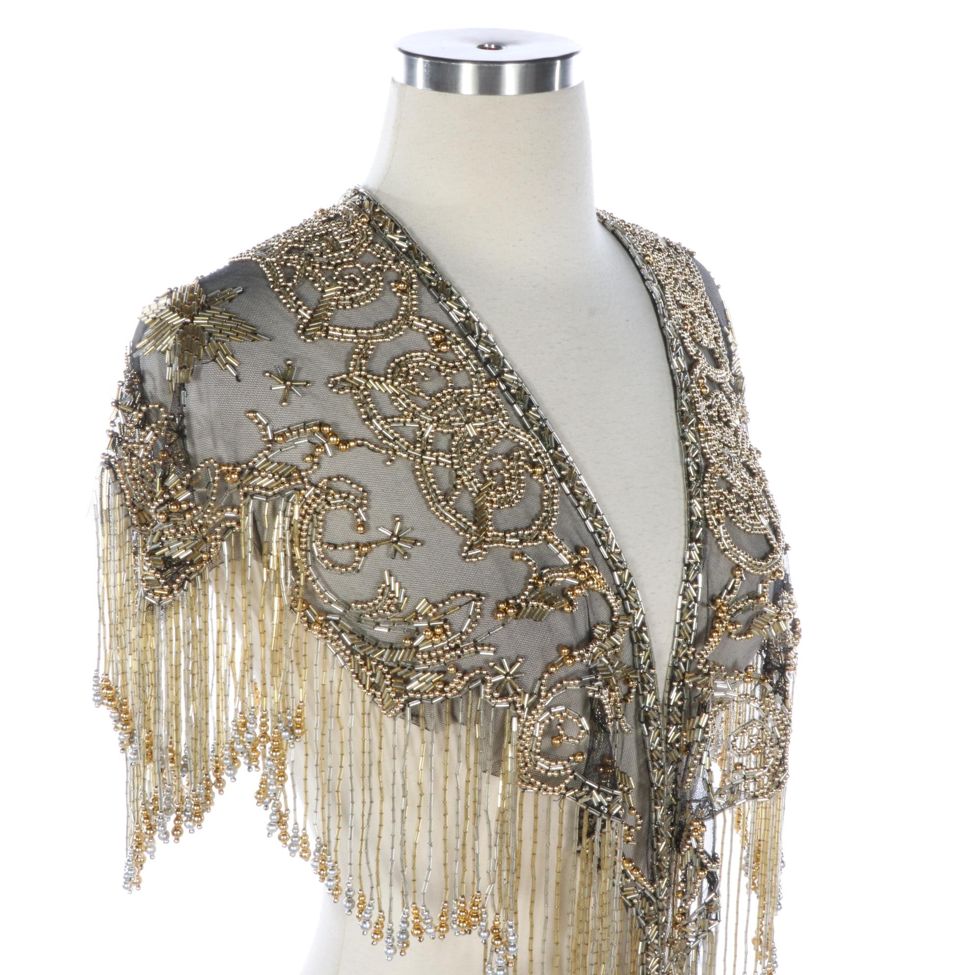 Sharmark Las Vegas "Celestial Stars" Beaded Fringe Nylon Mesh Scarf ...