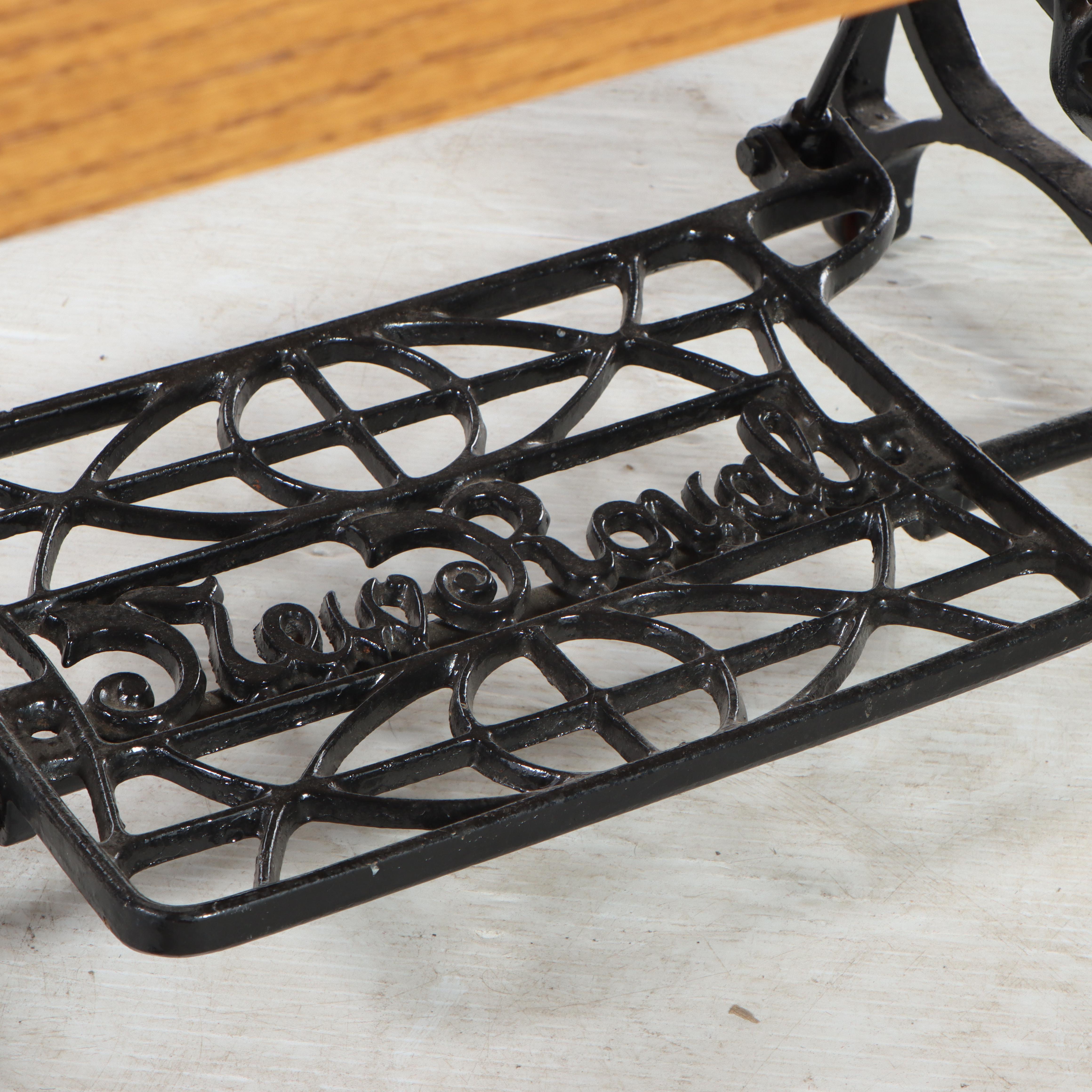 "New Royal" Oak and Cast Iron Treadle-Base Side Table, Adapted | EBTH