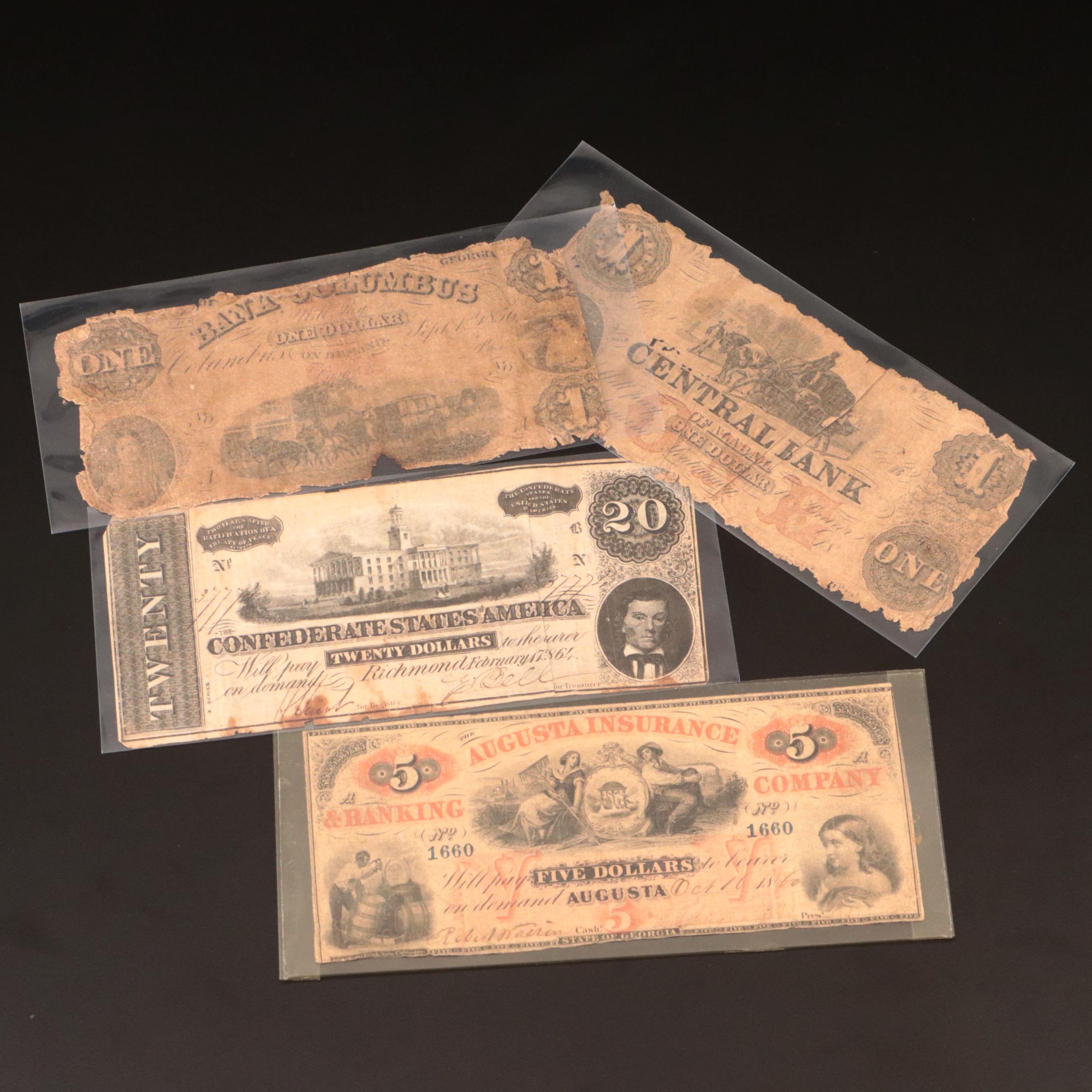 Group of Four Confederate and Obsolete Bank Notes | EBTH