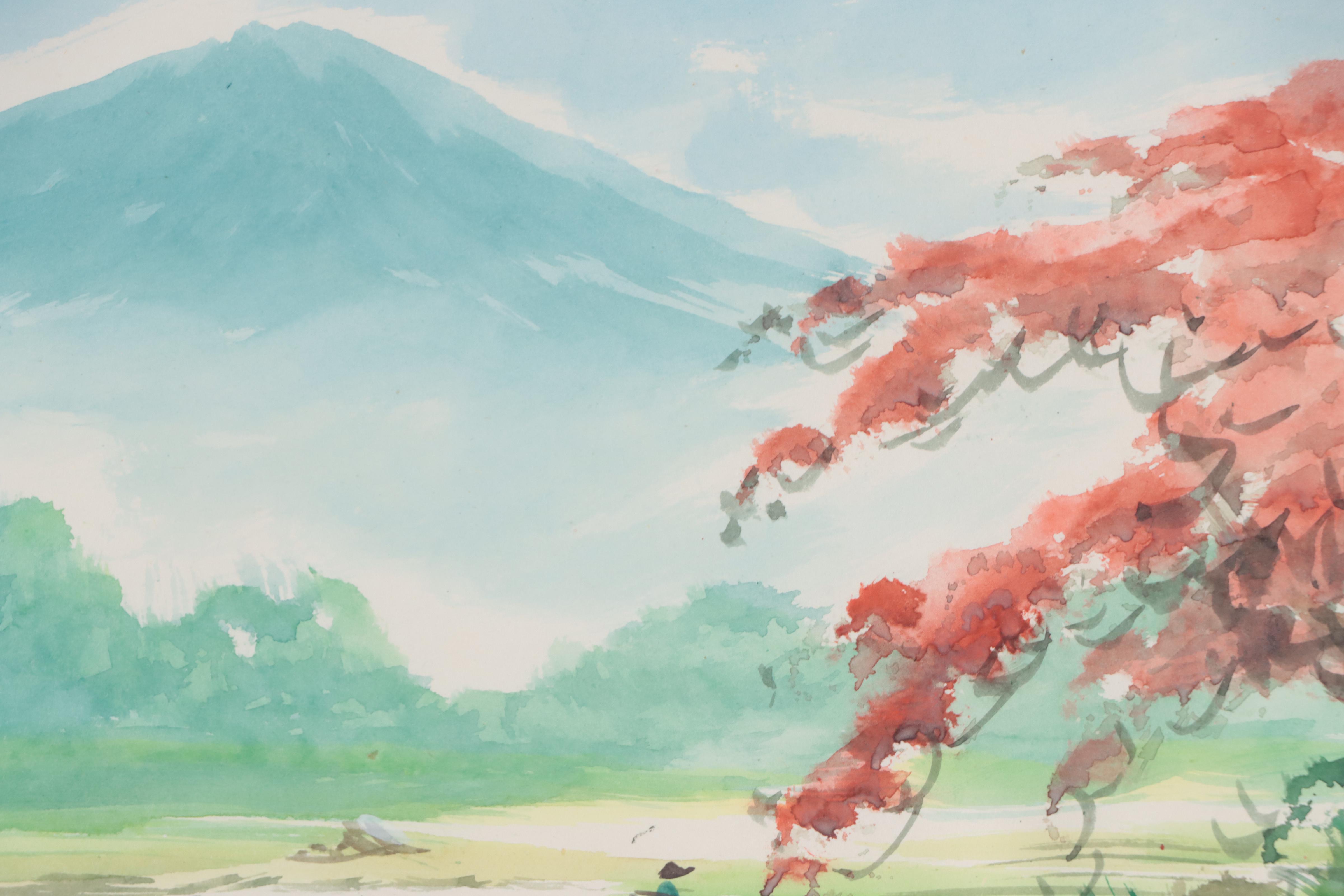 Japanese Landscape With Mount Fuji Watercolor Painting | EBTH