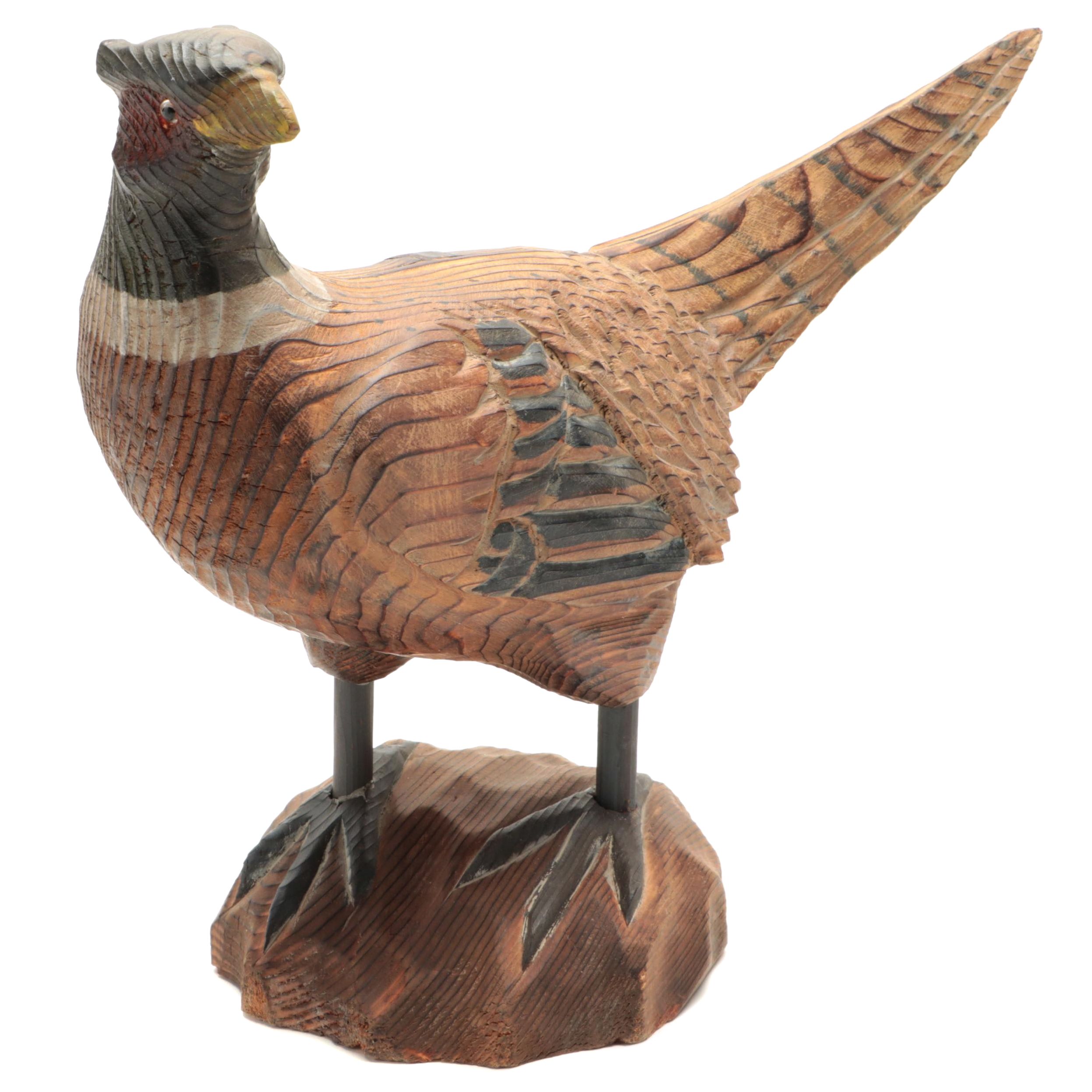Polychrome Painted Carved Wood Pheasant Figurine | EBTH