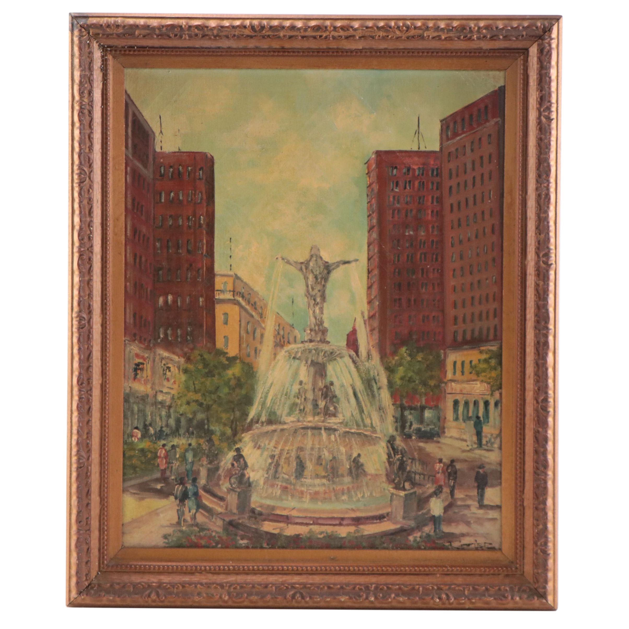Cincinnati Cityscape Oil Painting of Fountain Square, Circa 1970 | EBTH