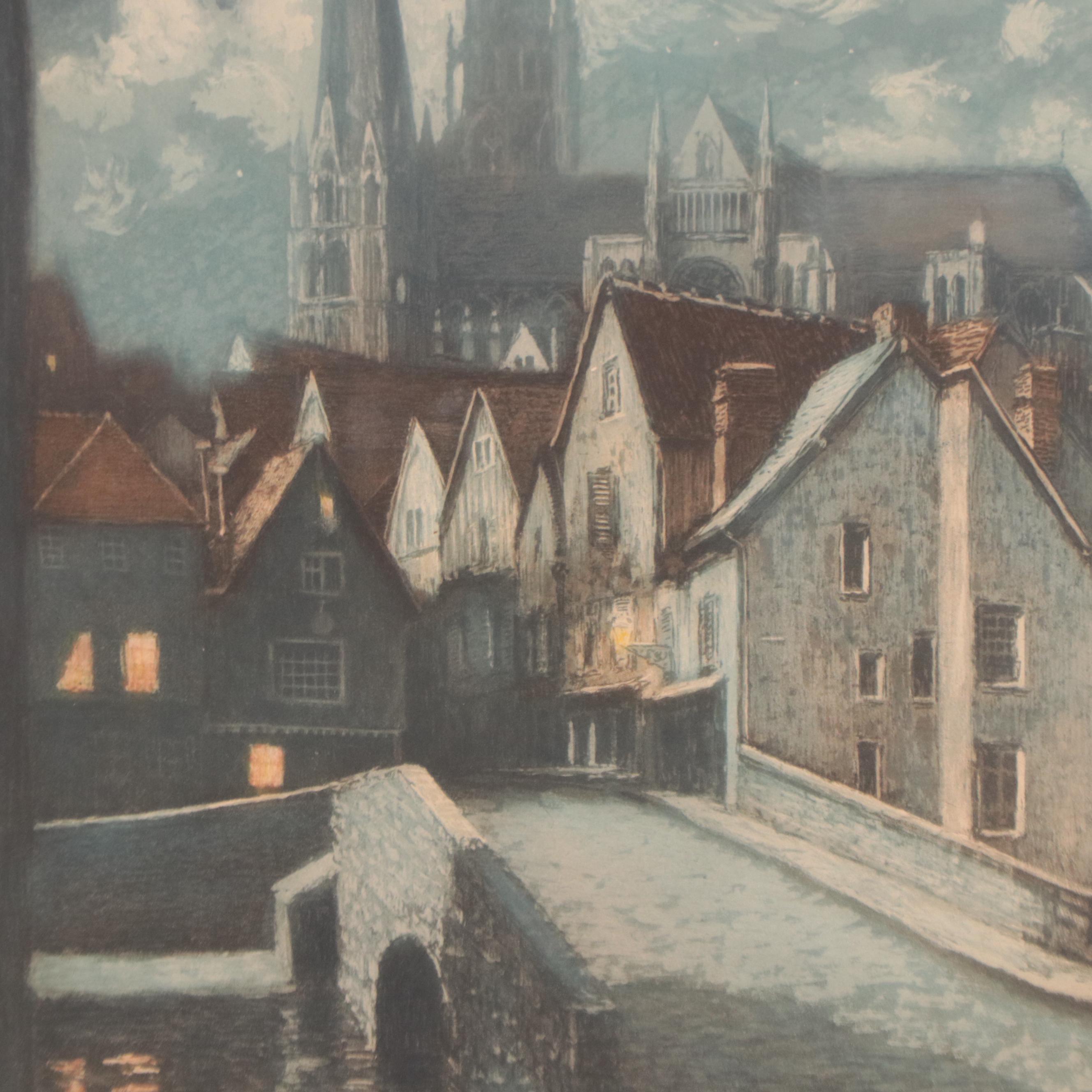 Georges Plasse Nocturne Cityscape Aquatint of Chartres Cathedral | EBTH
