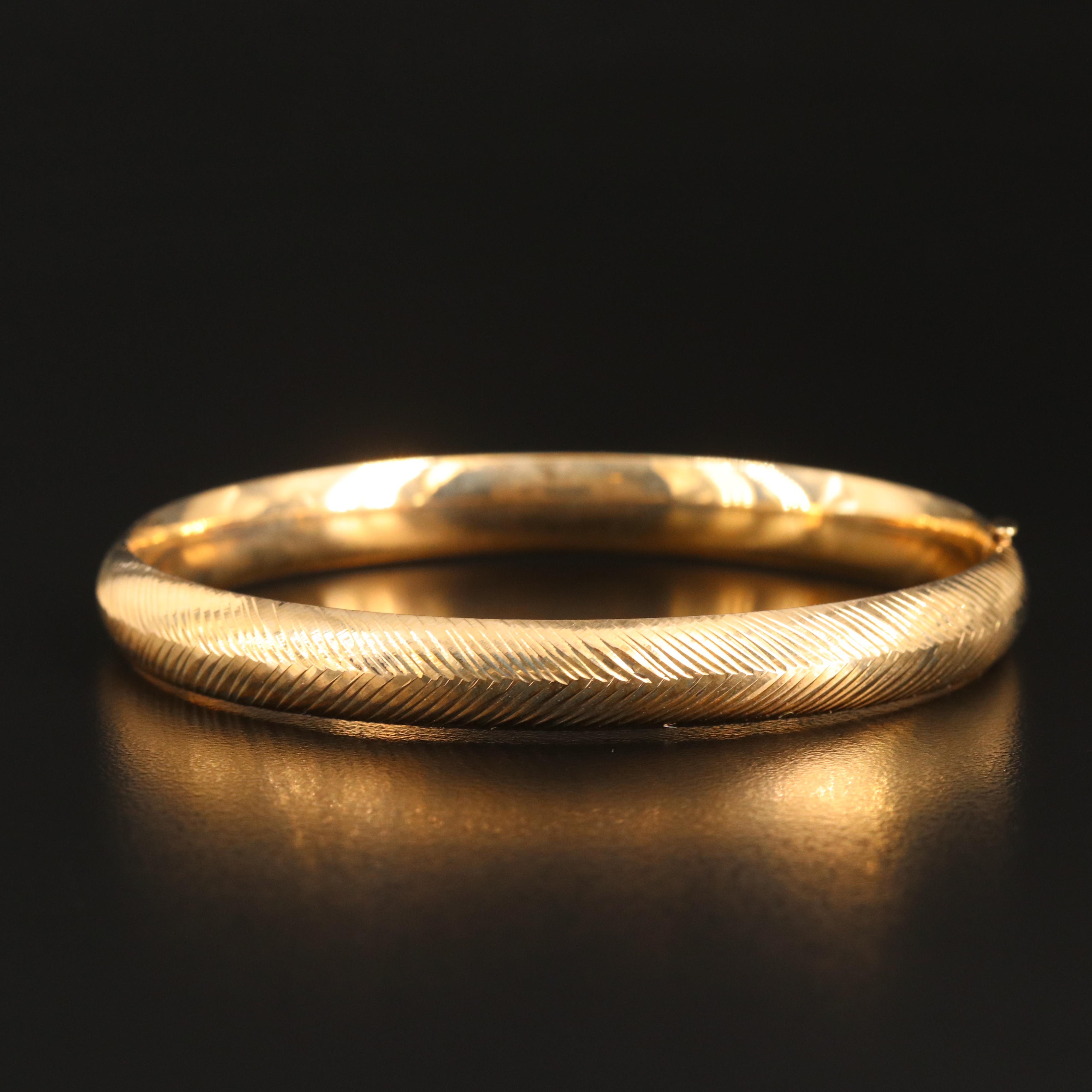 14K Hinged Bangle with Diamond Cut Herringbone Pattern | EBTH