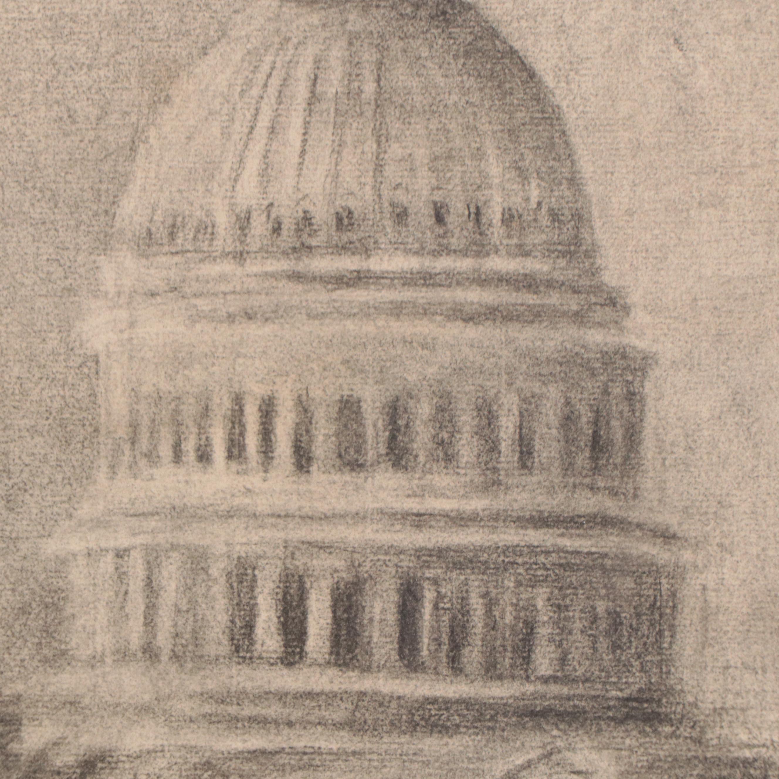 Double-Sided Charcoal Drawing of Statue and United States Capitol | EBTH
