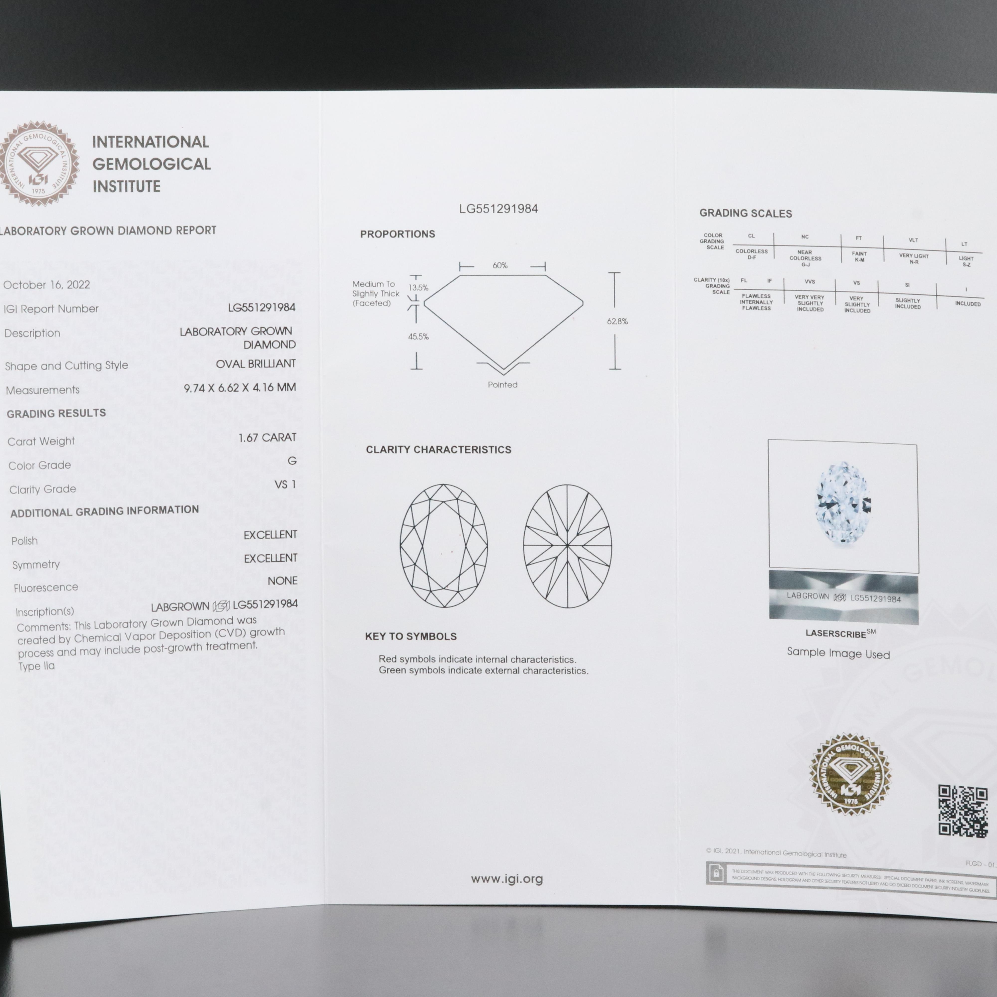 Loose 1.67 CT Lab Grown Diamond with IGI Report | EBTH