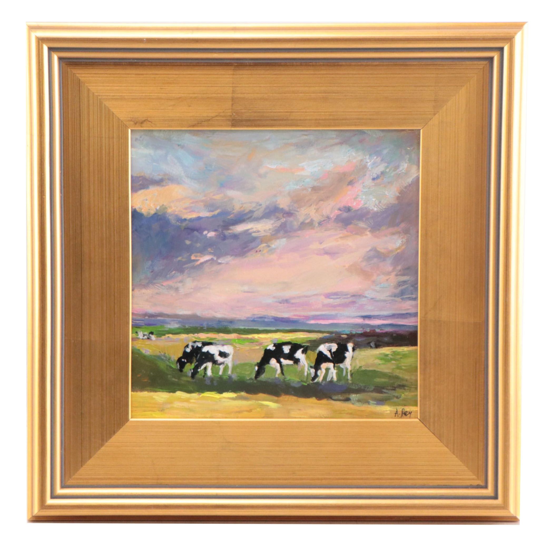 Agnes Rey Oil Painting of Cows In Landscape, 2022 | EBTH