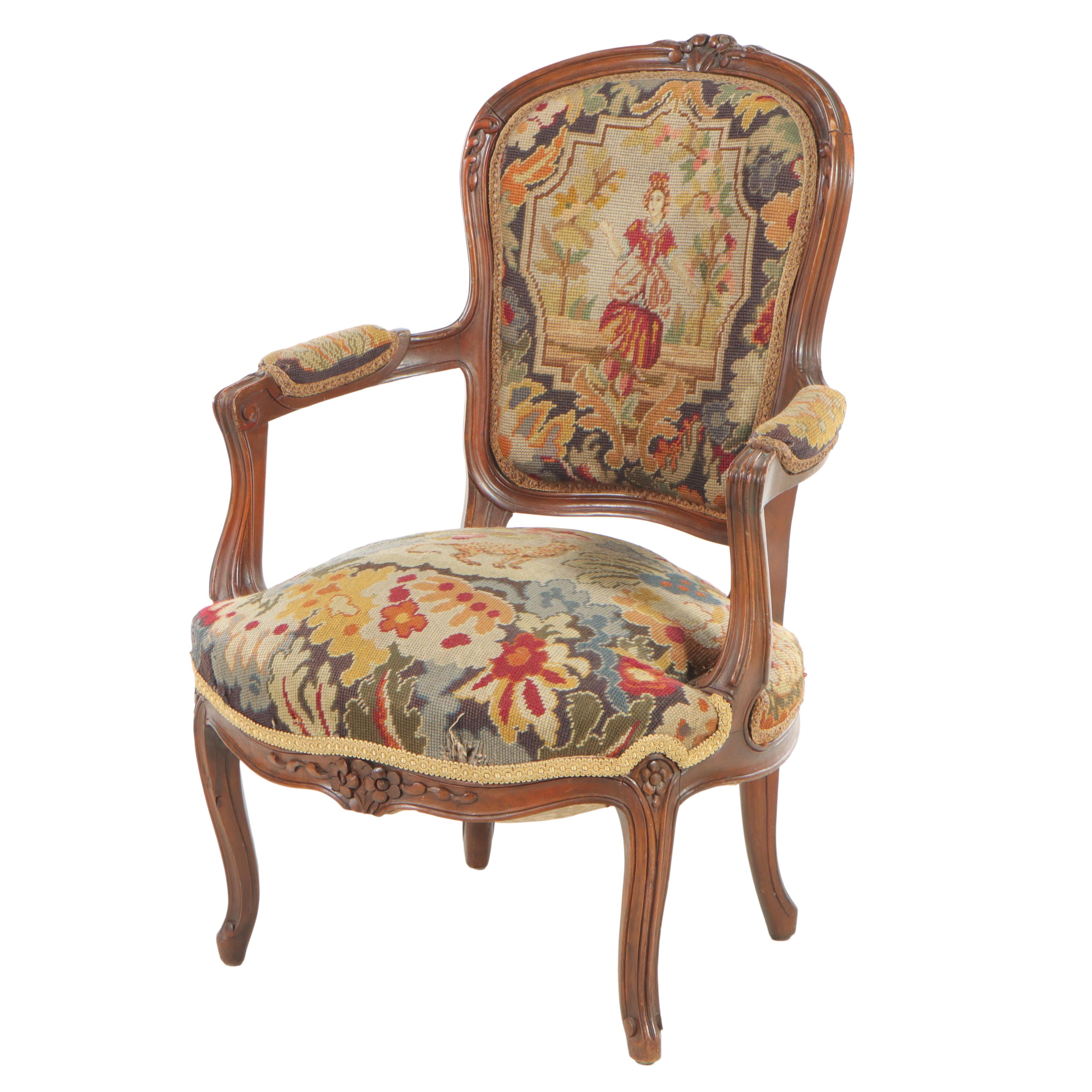 Victorian Rococo Revival Walnut and Needlepoint Upholstered Armchair | EBTH