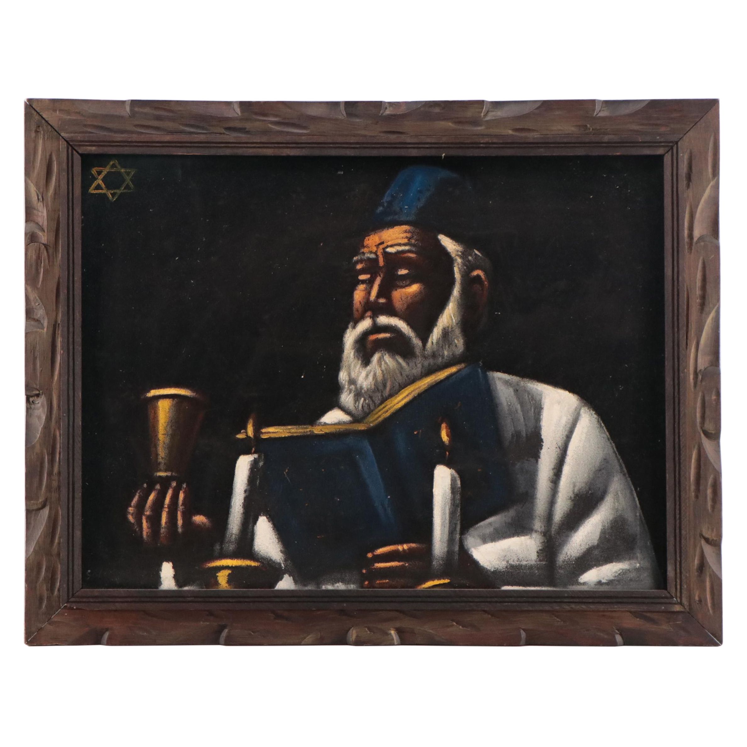 Acrylic Painting of Rabbi With Scripture and Cup | EBTH