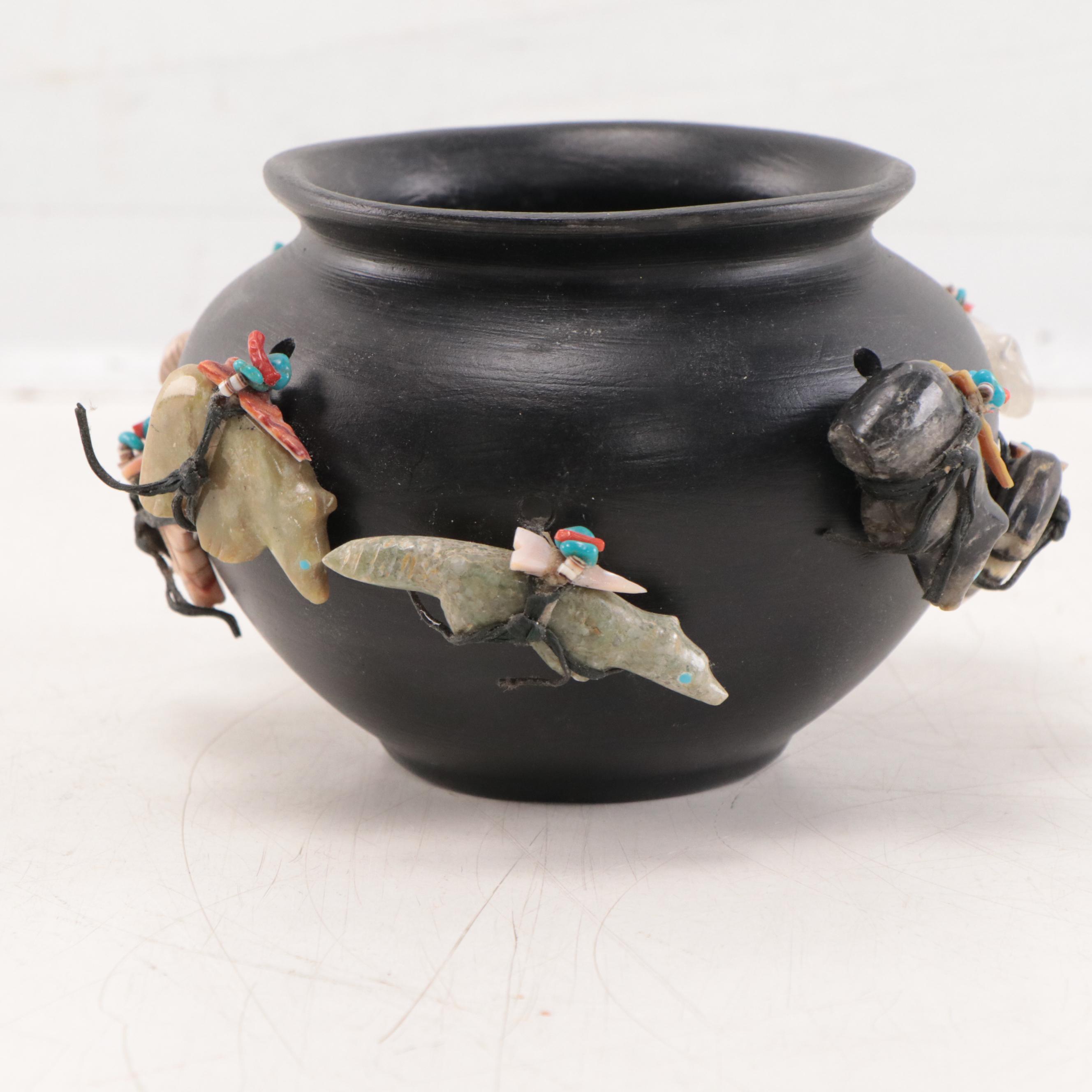 Zuni Hand-Painted Clay Bowl, Abalone, Coral, Stone Fetish Decorations ...