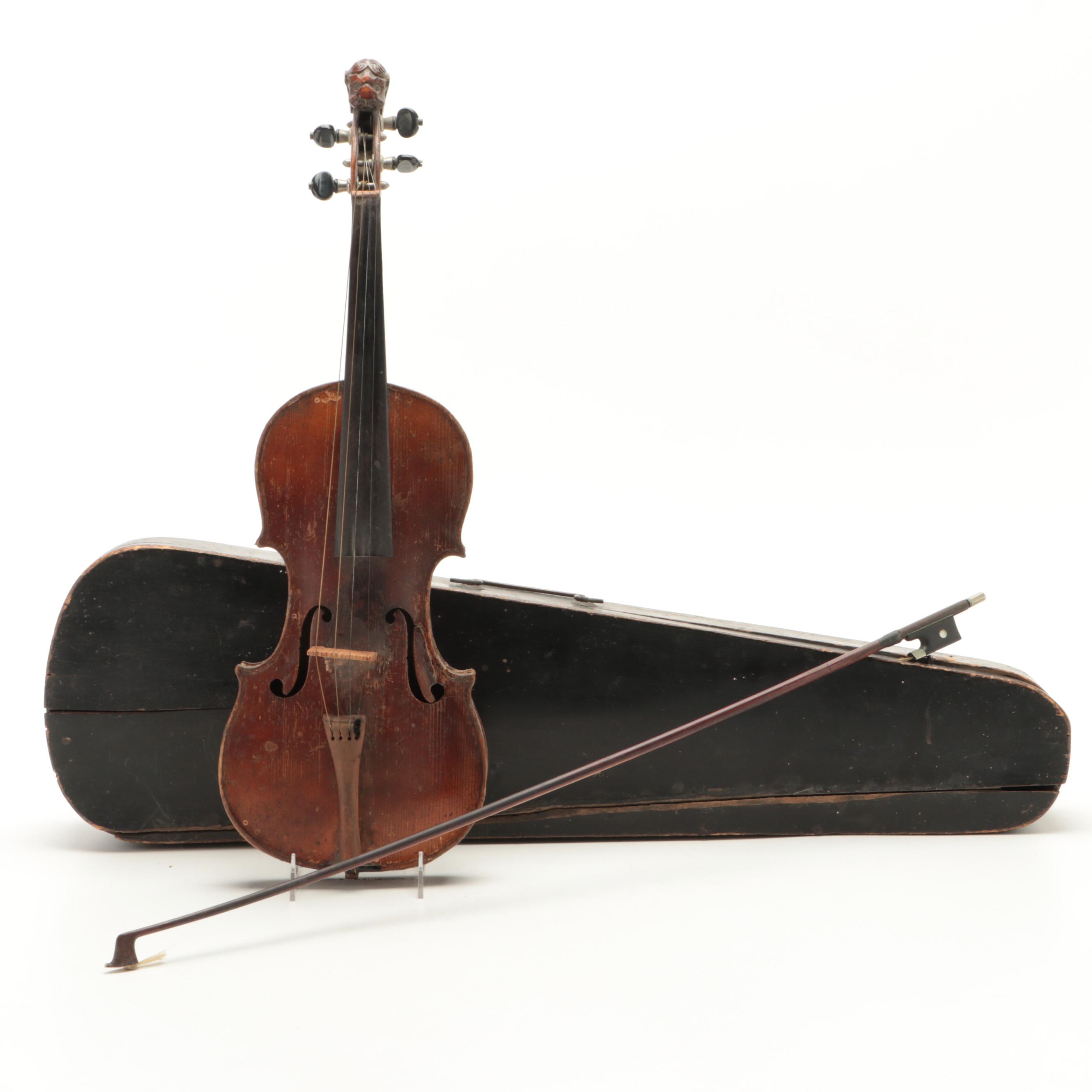 German 4/4 Violin with Carved Lion Head Scroll and Coffin Case, 19th C ...