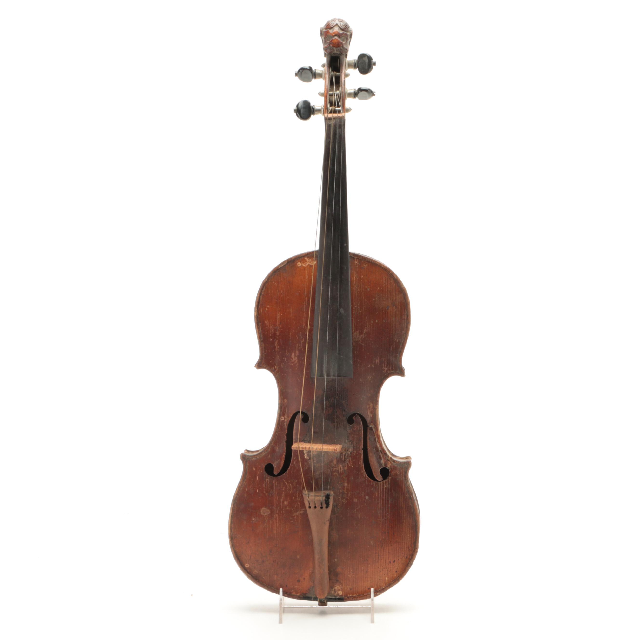 German 4/4 Violin with Carved Lion Head Scroll and Coffin Case, 19th C ...