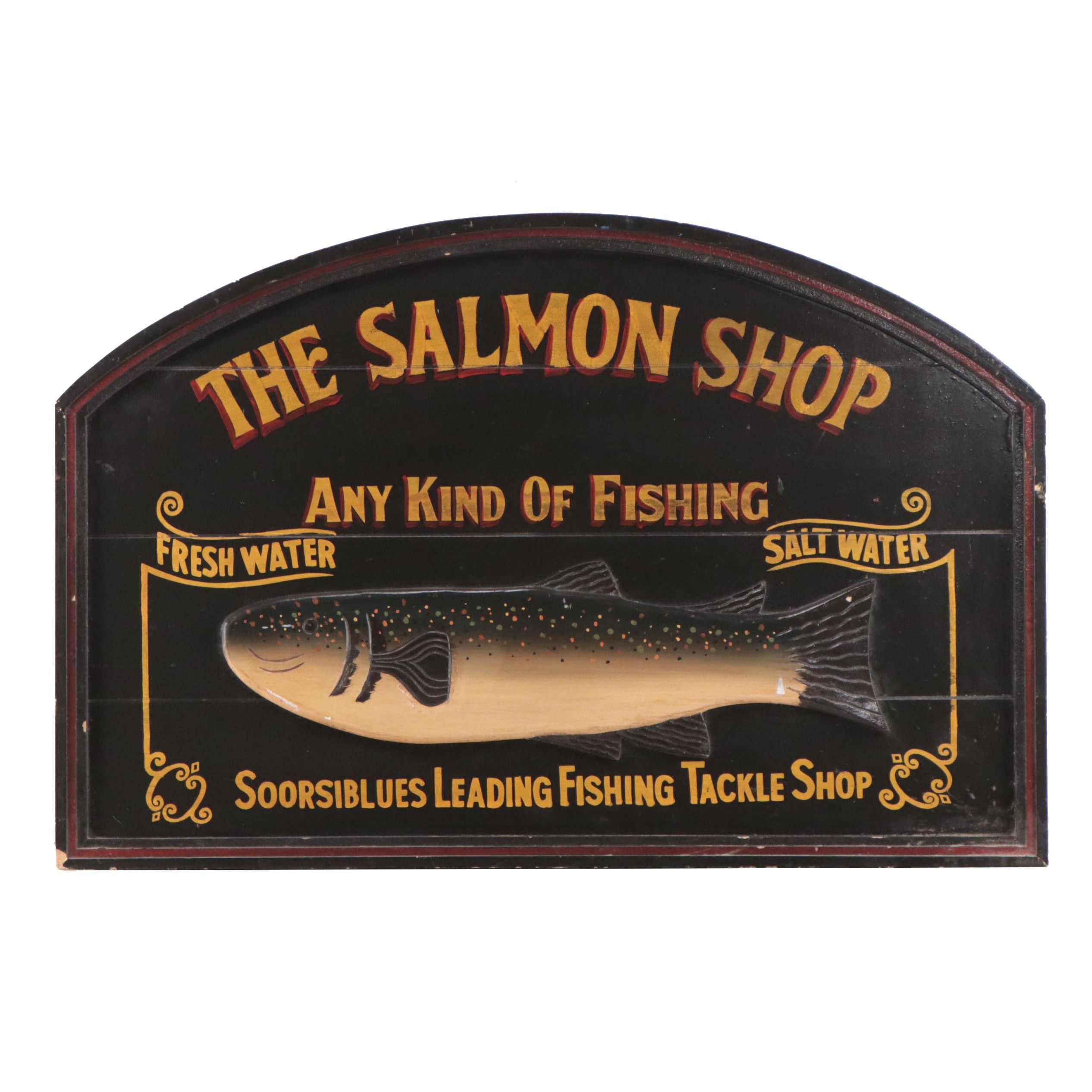 Painted-Wood Fishing Tackle Shop Sign "The Salmon Shop" | EBTH