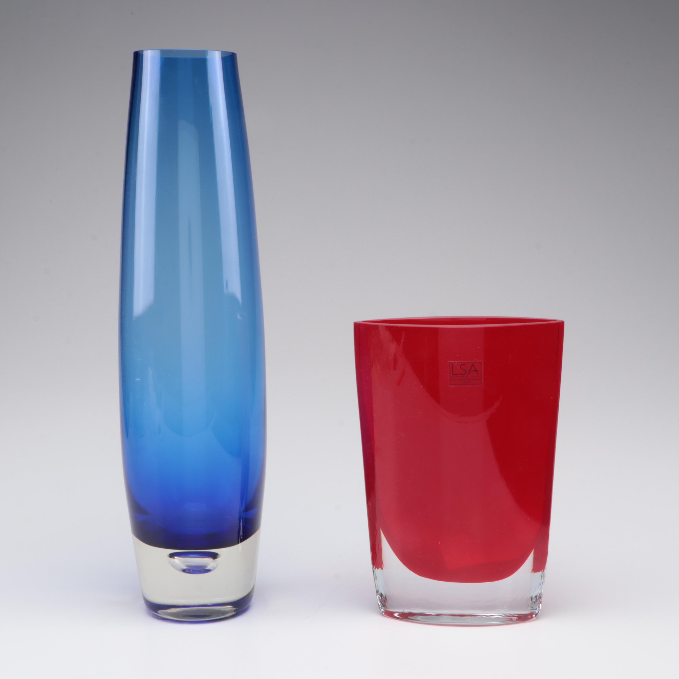 Polish LSA Handcrafted Red Glass Vase With Blue Bud Vase | EBTH