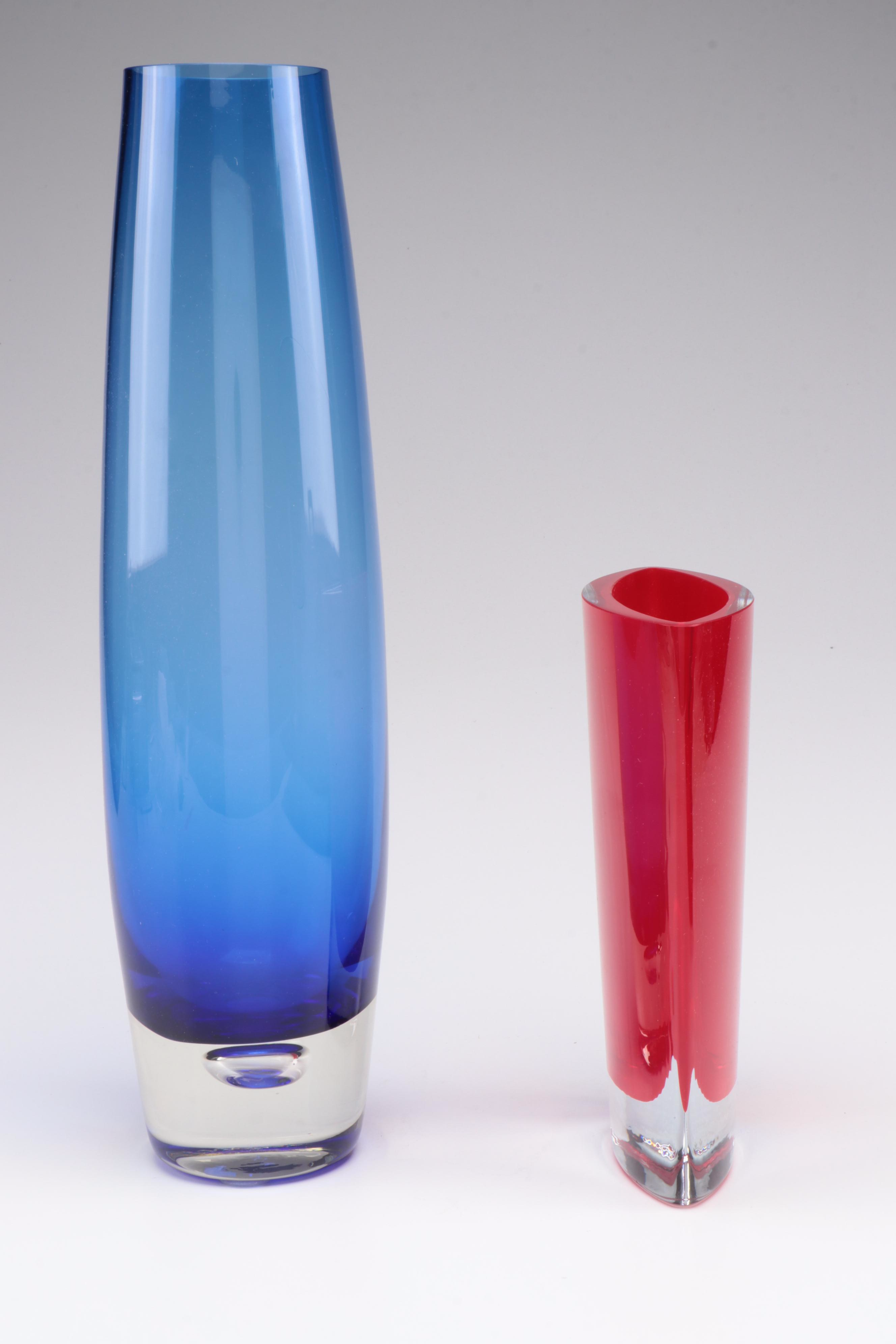 Polish LSA Handcrafted Red Glass Vase With Blue Bud Vase | EBTH