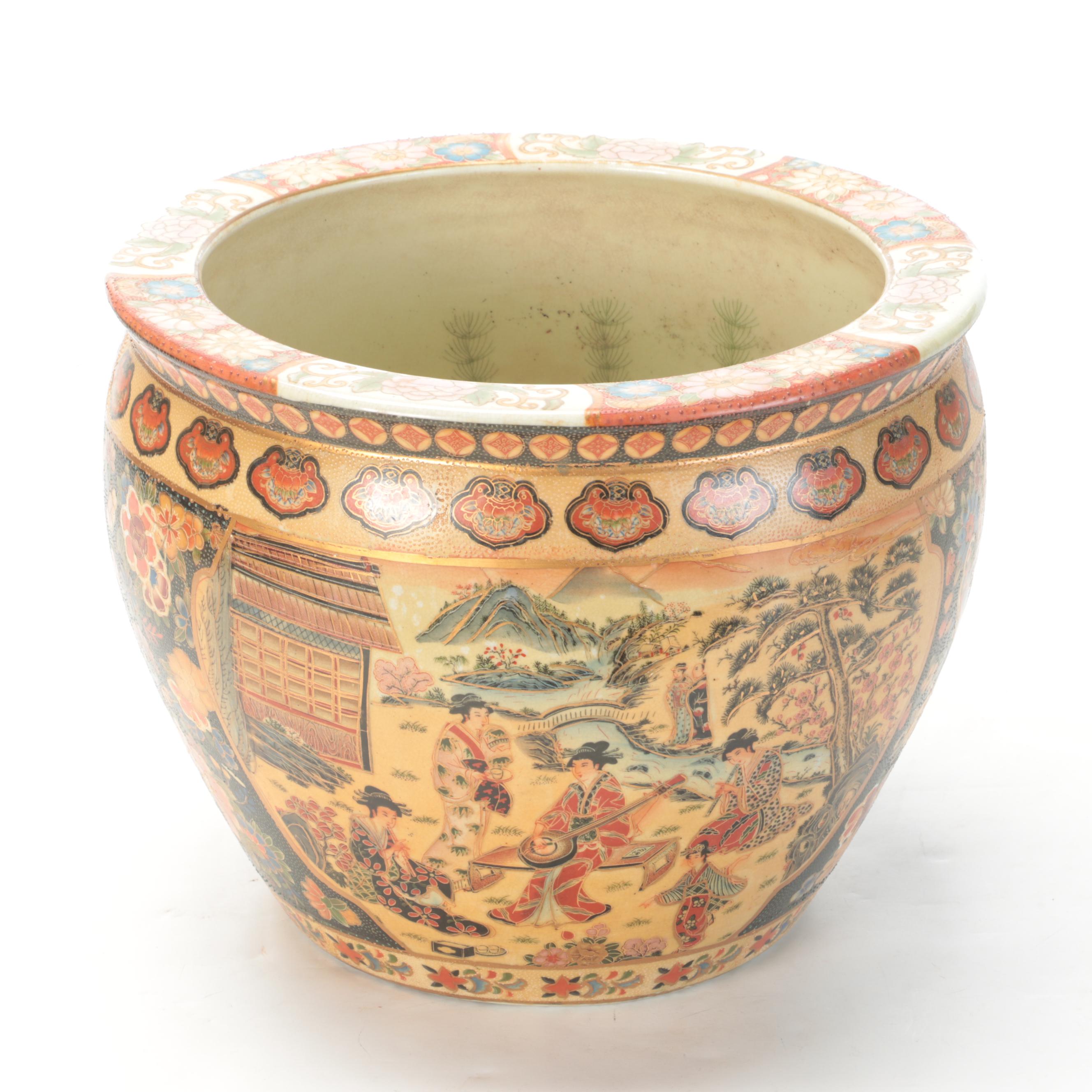 Chinese Satsuma Style Ceramic Fishbowl Planter with Stand | EBTH