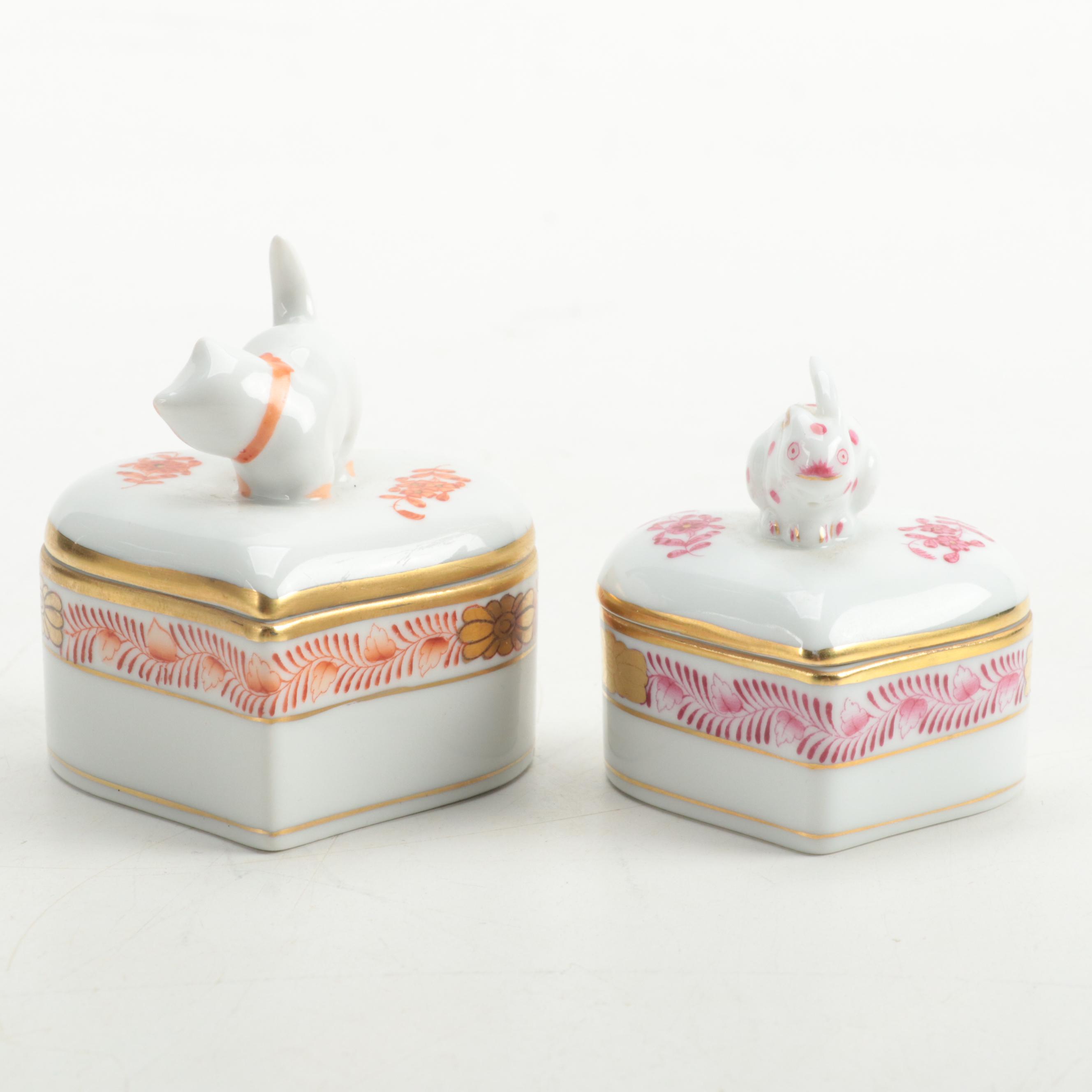 Herend Porcelain Trinket Boxes with Kitten and Rabbit | EBTH