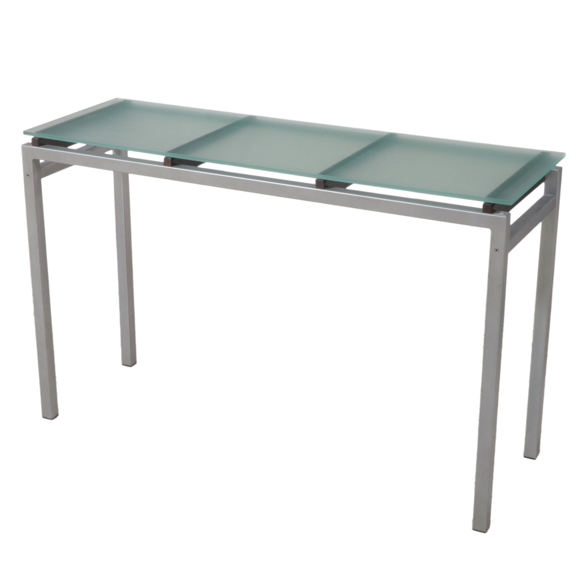 Modernist Style Metal, Slatted Wood, and Frosted Glass Console Table | EBTH