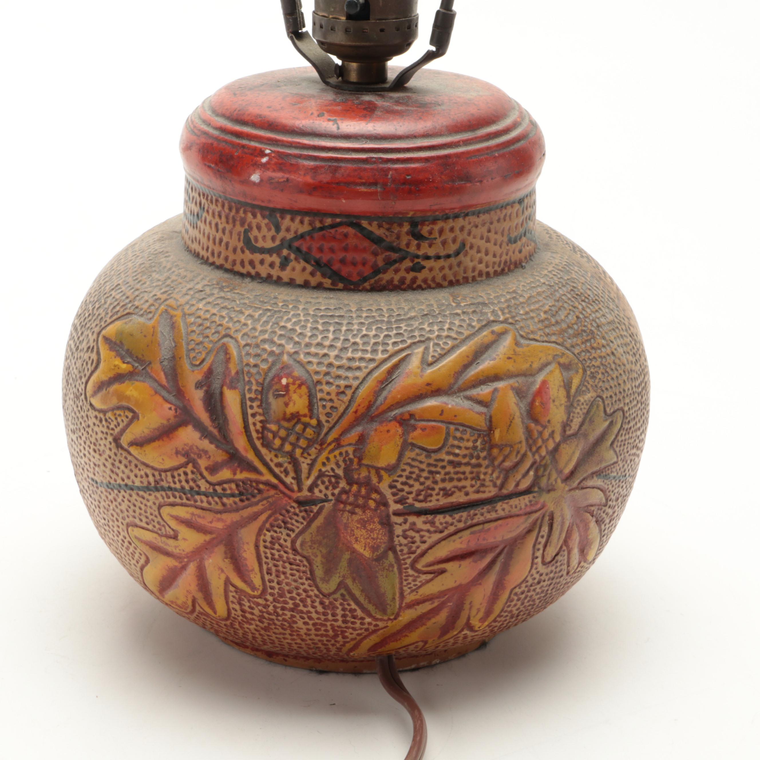 Folk Art Acorn and Oak Leaves Art Pottery Lamp, Wicker Shade, Early ...