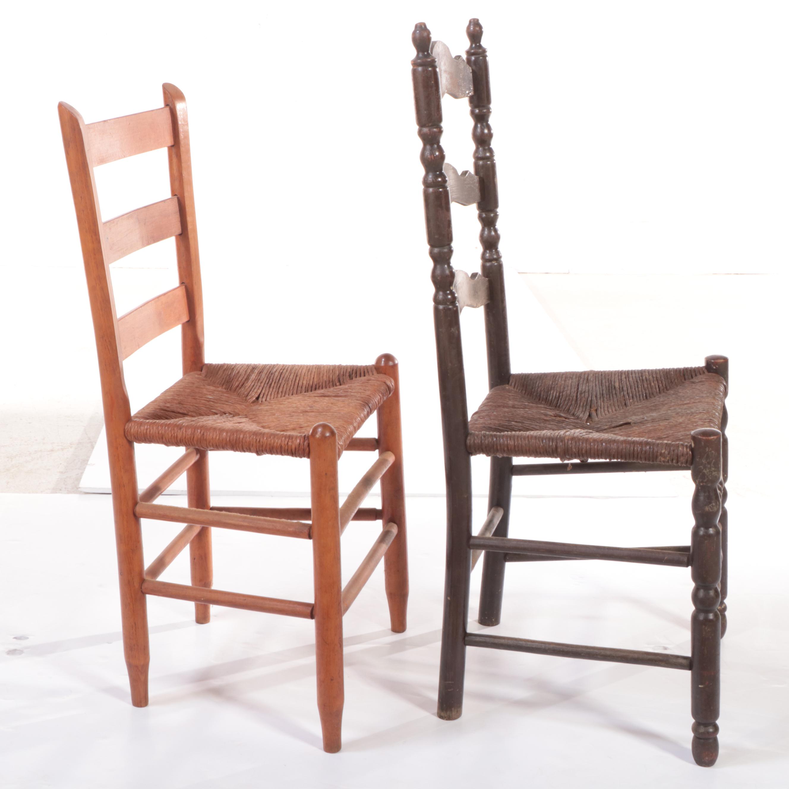 Two American Primitive Style Wooden Ladderback Chairs with Rush Seats ...