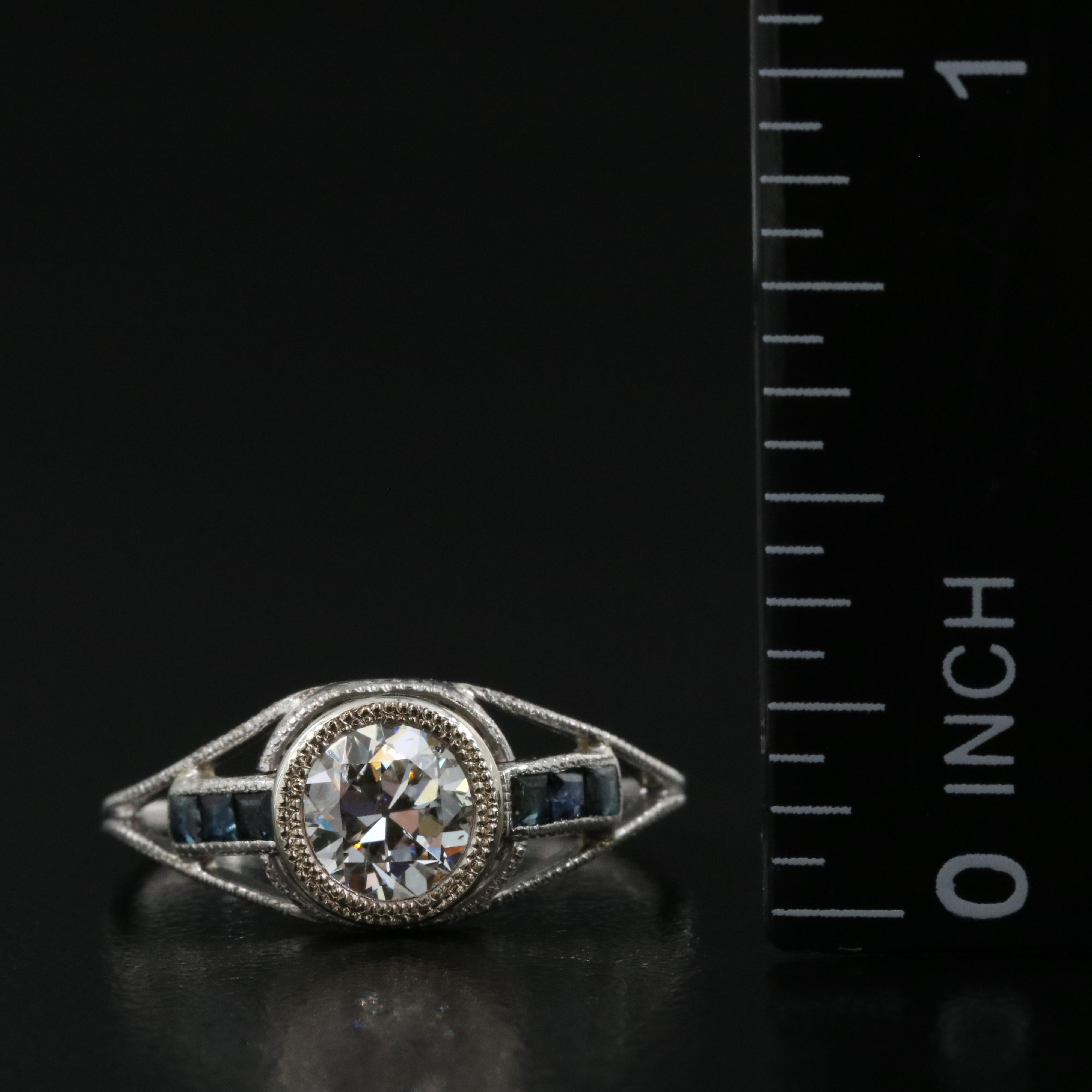 Art Deco Platinum Diamond and Sapphire Ring with 14K Accent and GIA ...